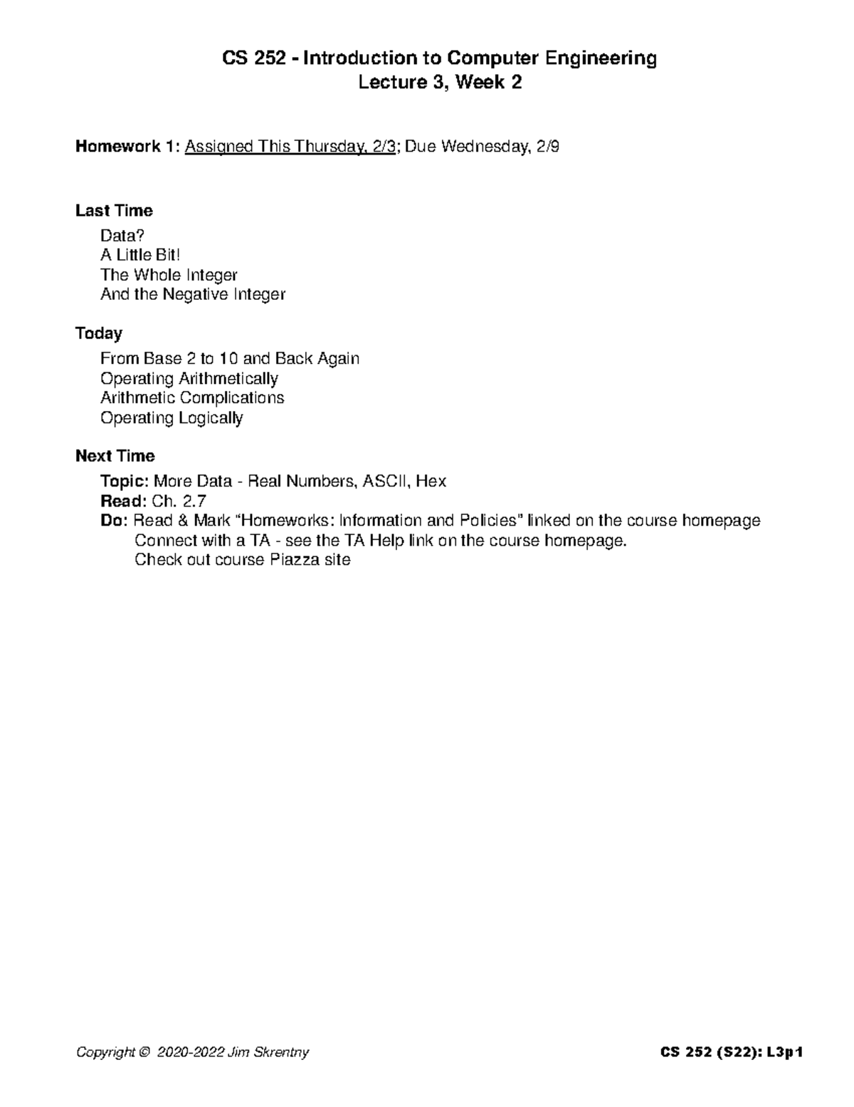 Outline L 3w2 - N/A - ####### CS 252 - Introduction to Computer Engineering ####### Lecture 3 ...