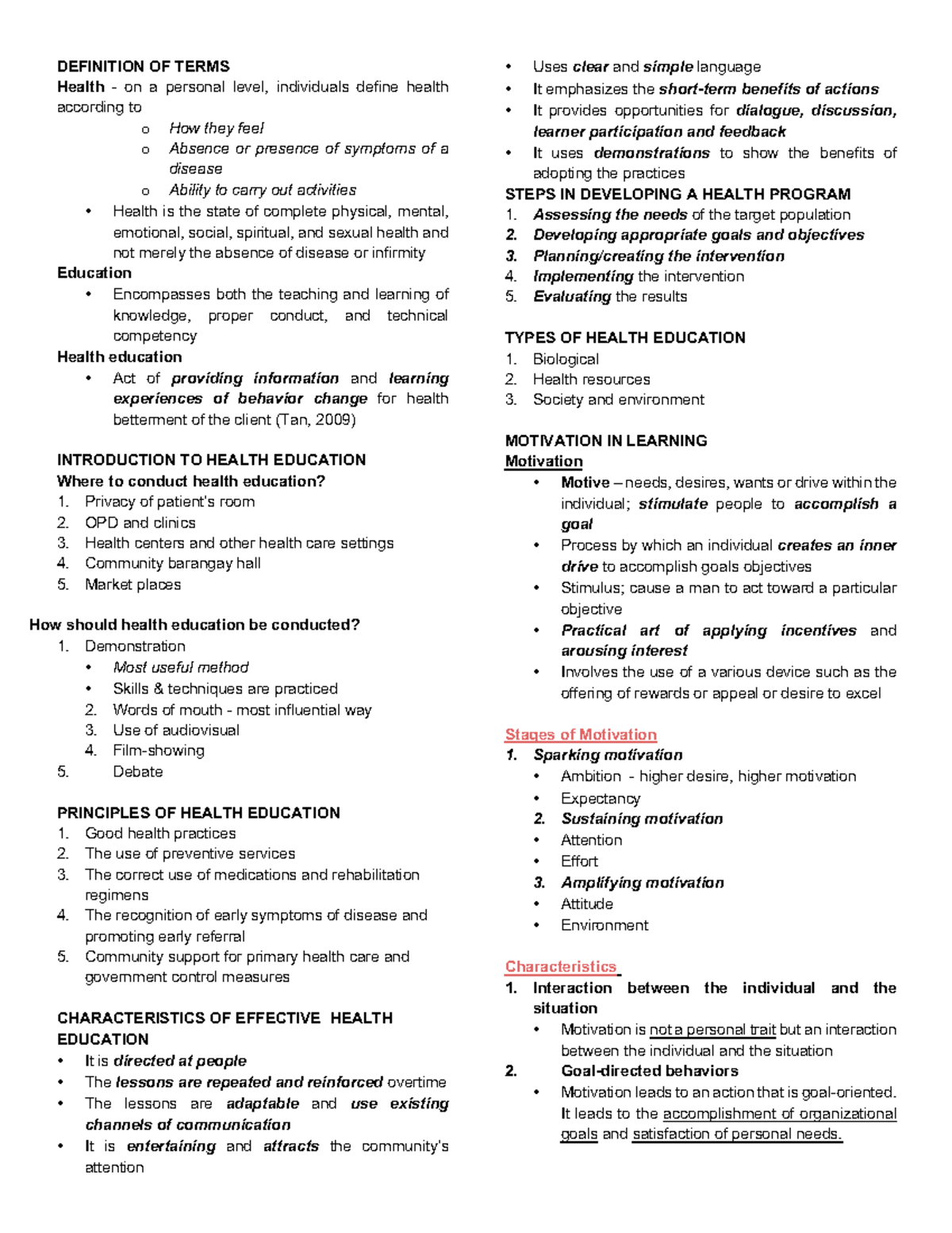 Health Education Midterm - DEFINITION OF TERMS Health - on a personal ...