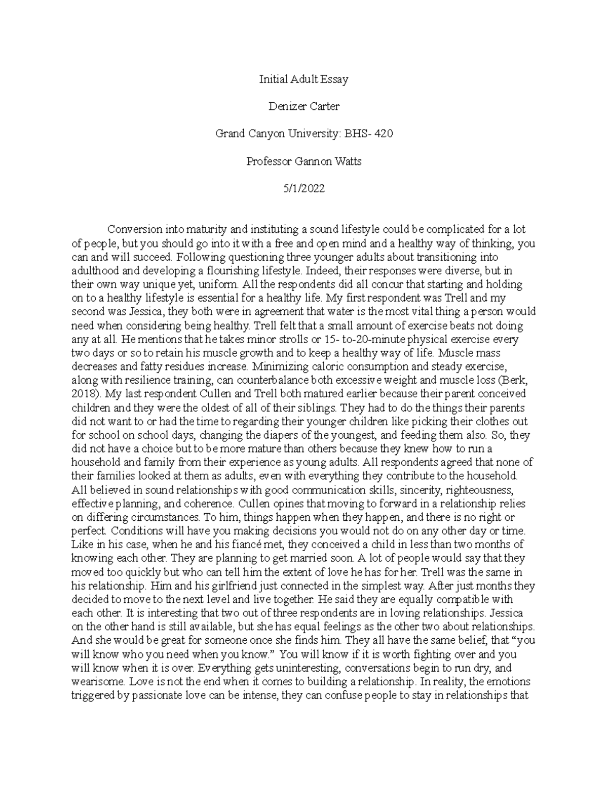 Early Adult Essay - Initial Adult Essay Denizer Carter Grand Canyon ...