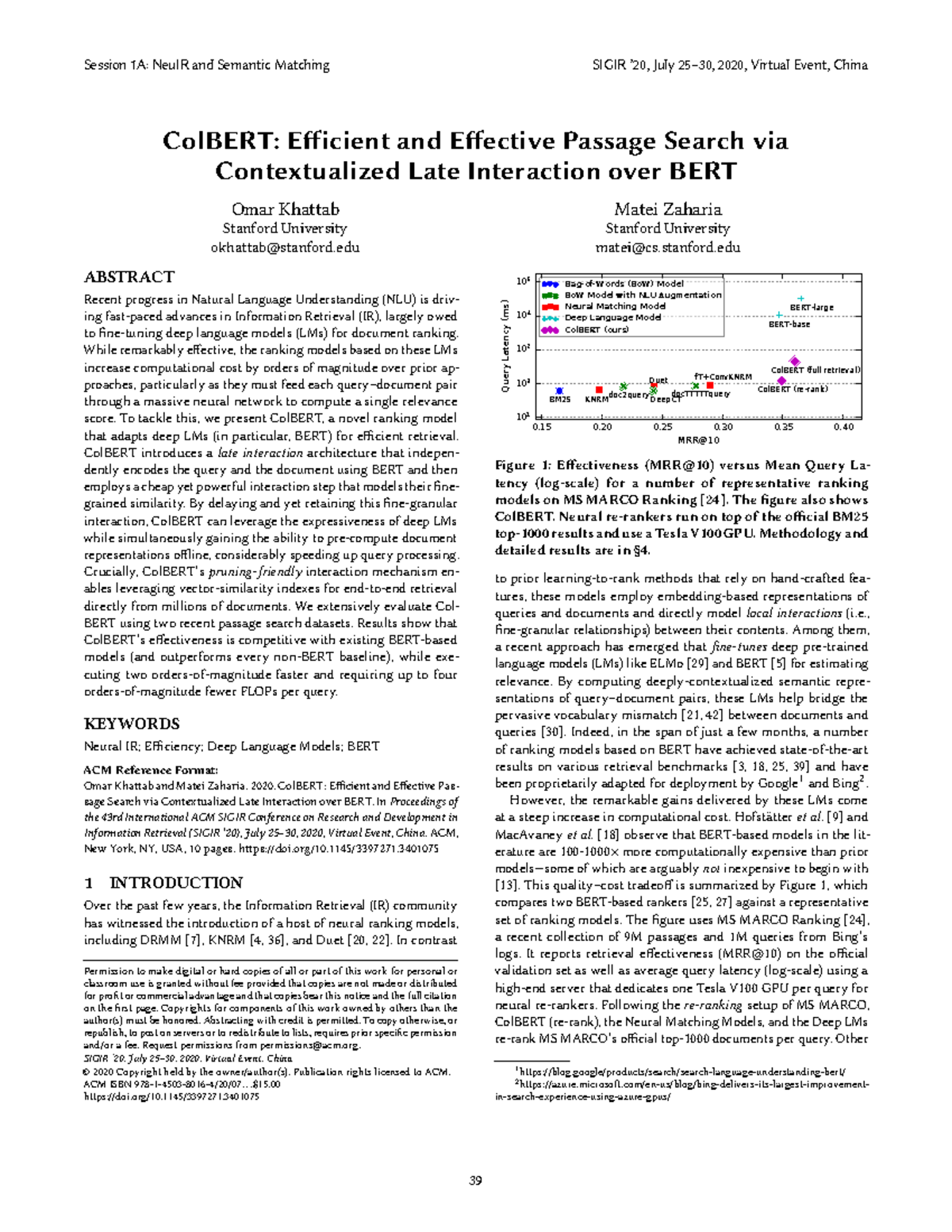 [2020]col Bert Efficient And Effective Passage Search Via Contextualized Late Interaction Over