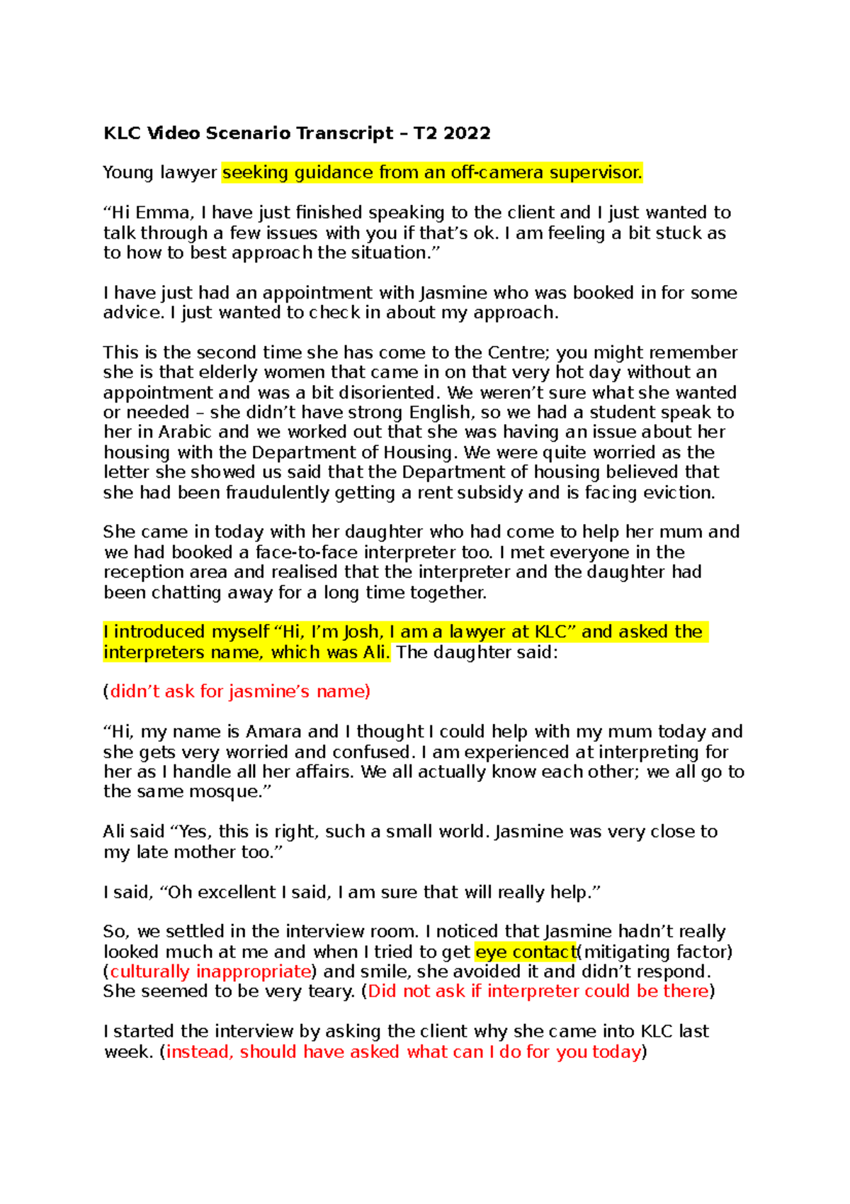 KLC Video Scenario Transcript - “Hi Emma, I have just finished speaking ...
