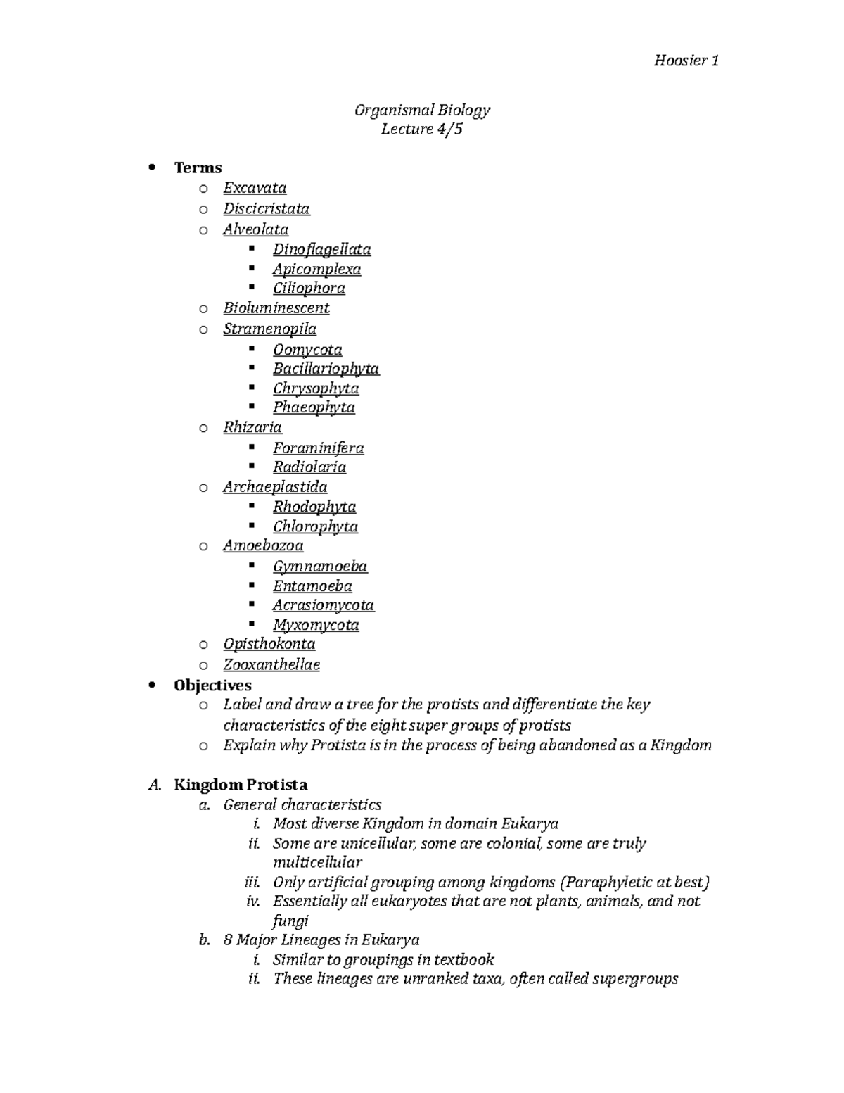 Class 4&5 Pre-Post Lecture Notes - Organismal Biology Lecture 4/ Terms ...