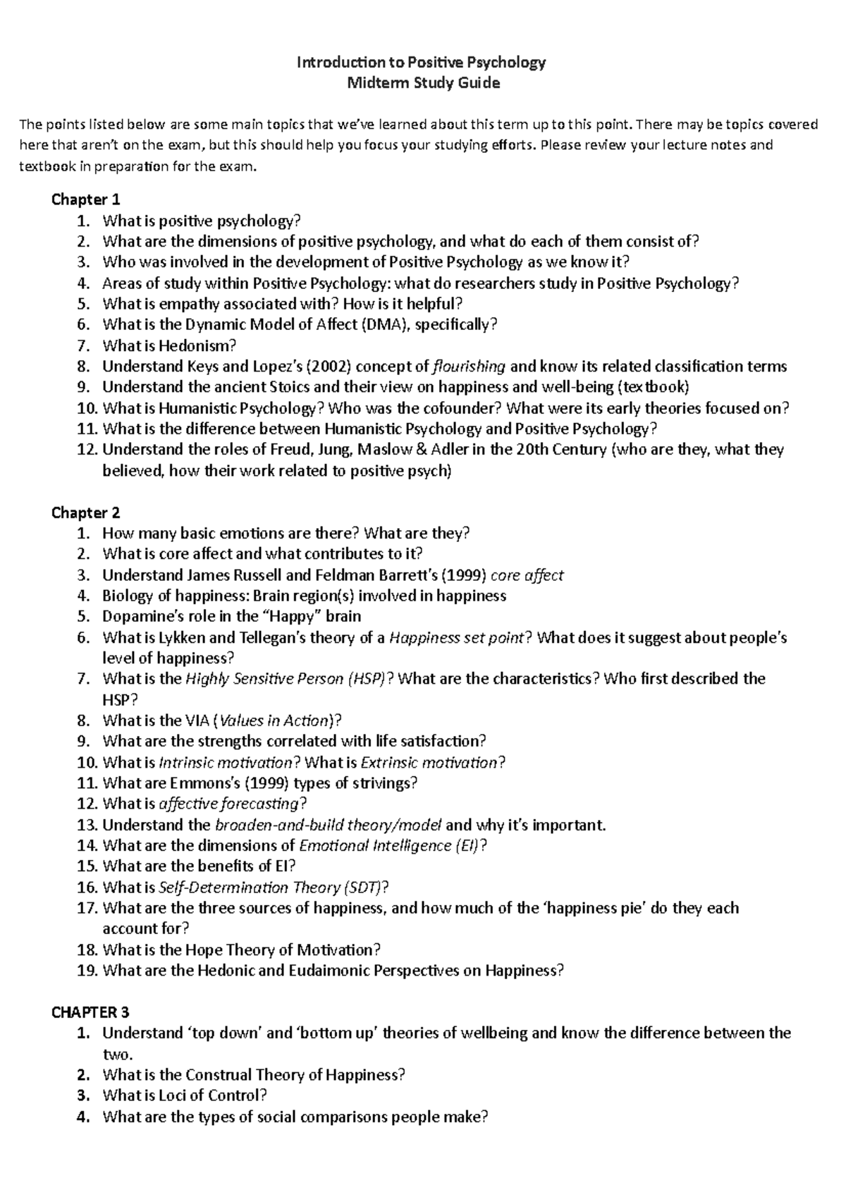 Midterm Study guide - Introduction to Positive Psychology Midterm Study ...