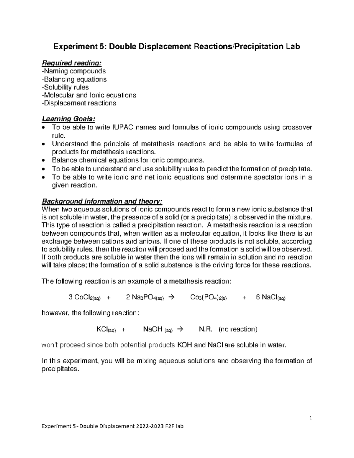 Experiment 5- Double Displacement Fall 2022 F2F - 1 Experiment 5 ...