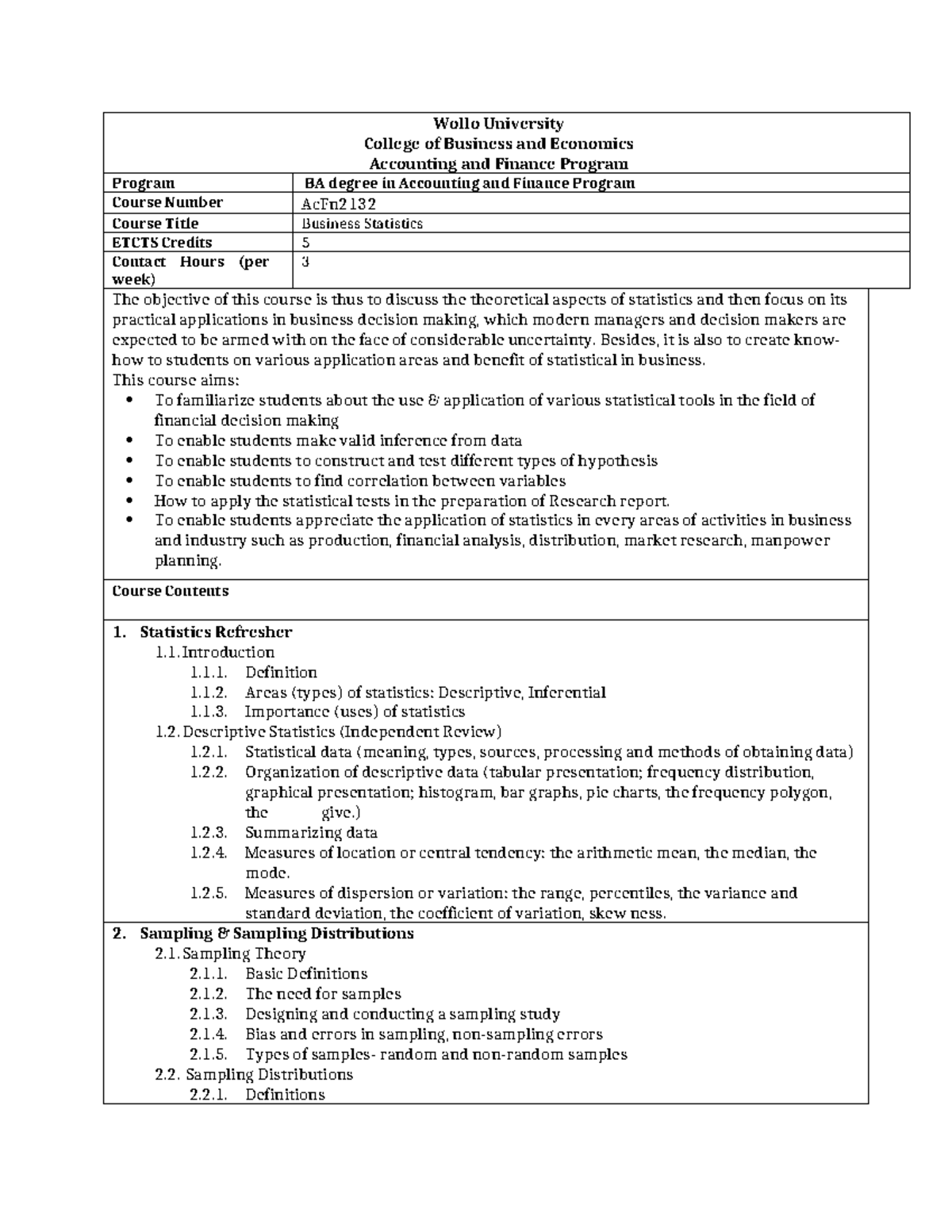 Business Statistics Course Outline Wollo University College Of
