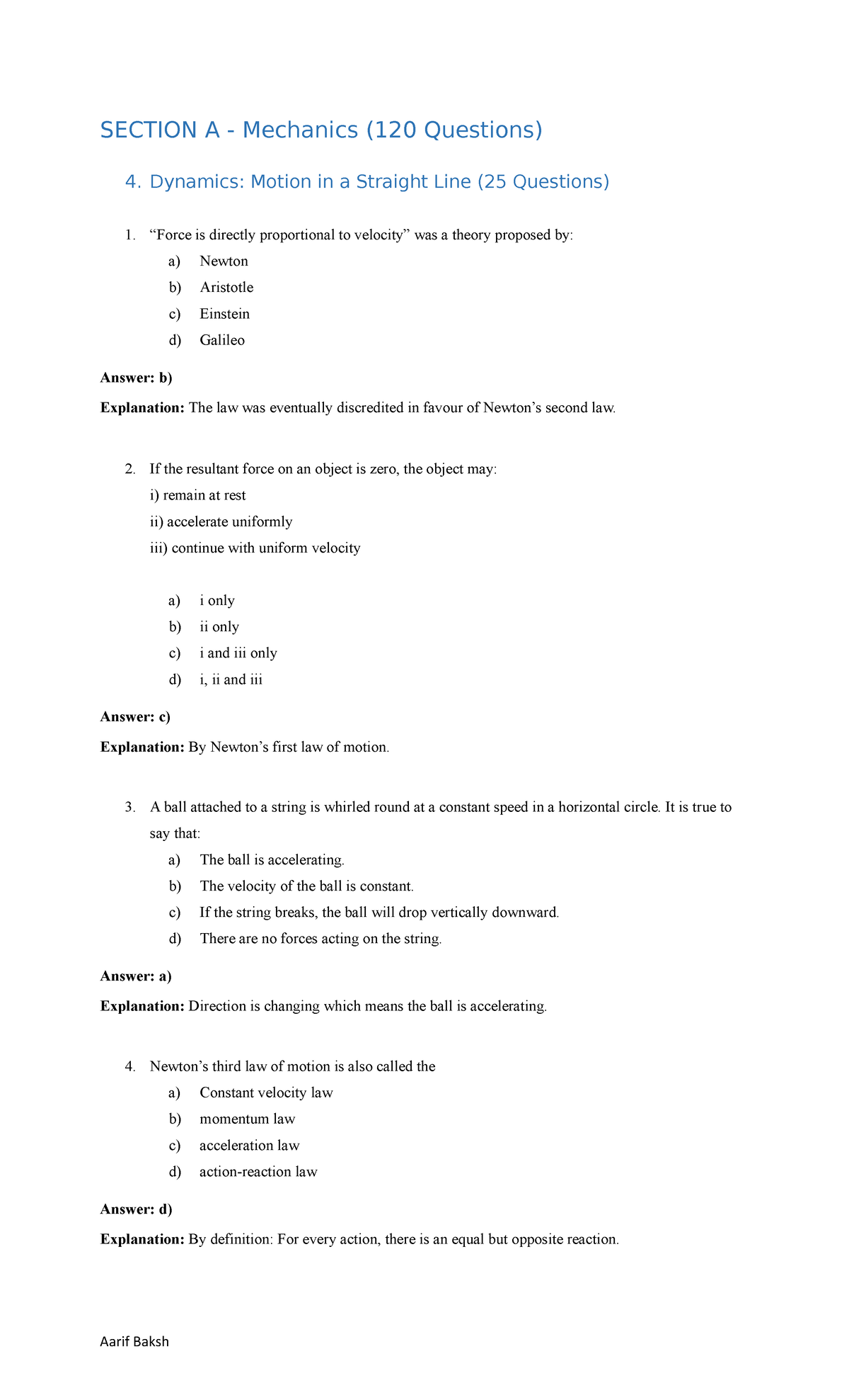 Physics A4 - Practice question and answers on Mechanics - SECTION A ...