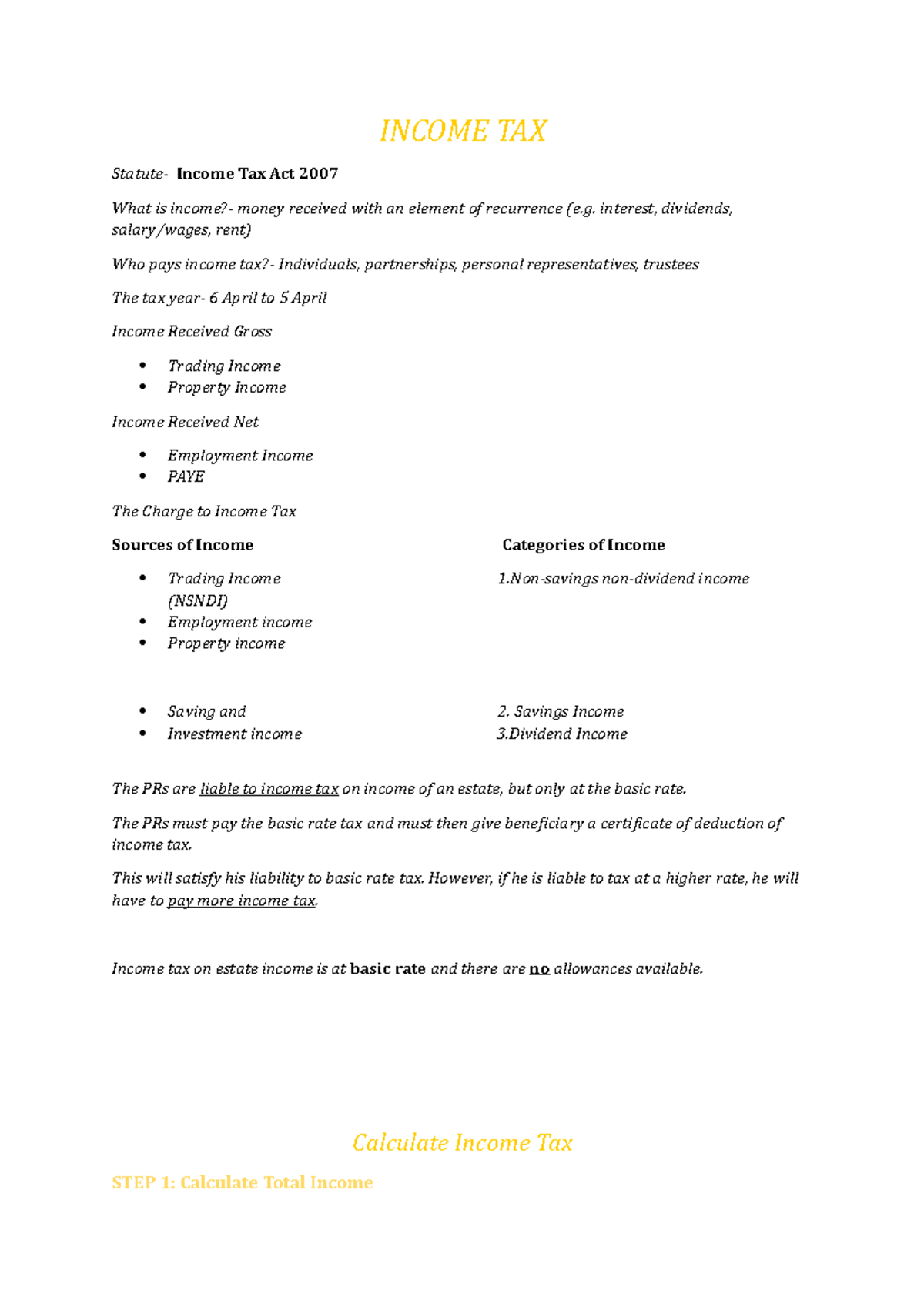 Income Tax study notes - INCOME TAX Statute- Income Tax Act 2007 What ...