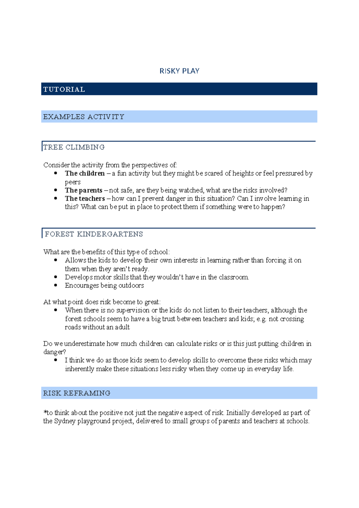 W6 - Risky Play - notes - RISKY PLAY TUTORIAL EXAMPLES ACTIVITY TREE ...