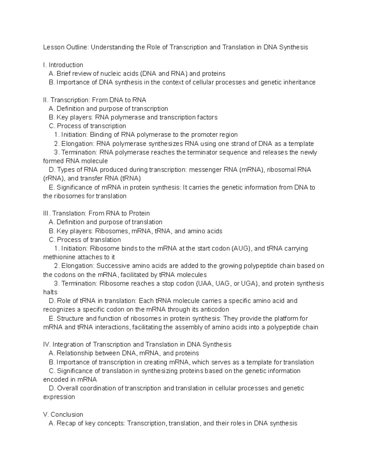 Protein synthesis outline - Lesson Outline: Understanding the Role of ...