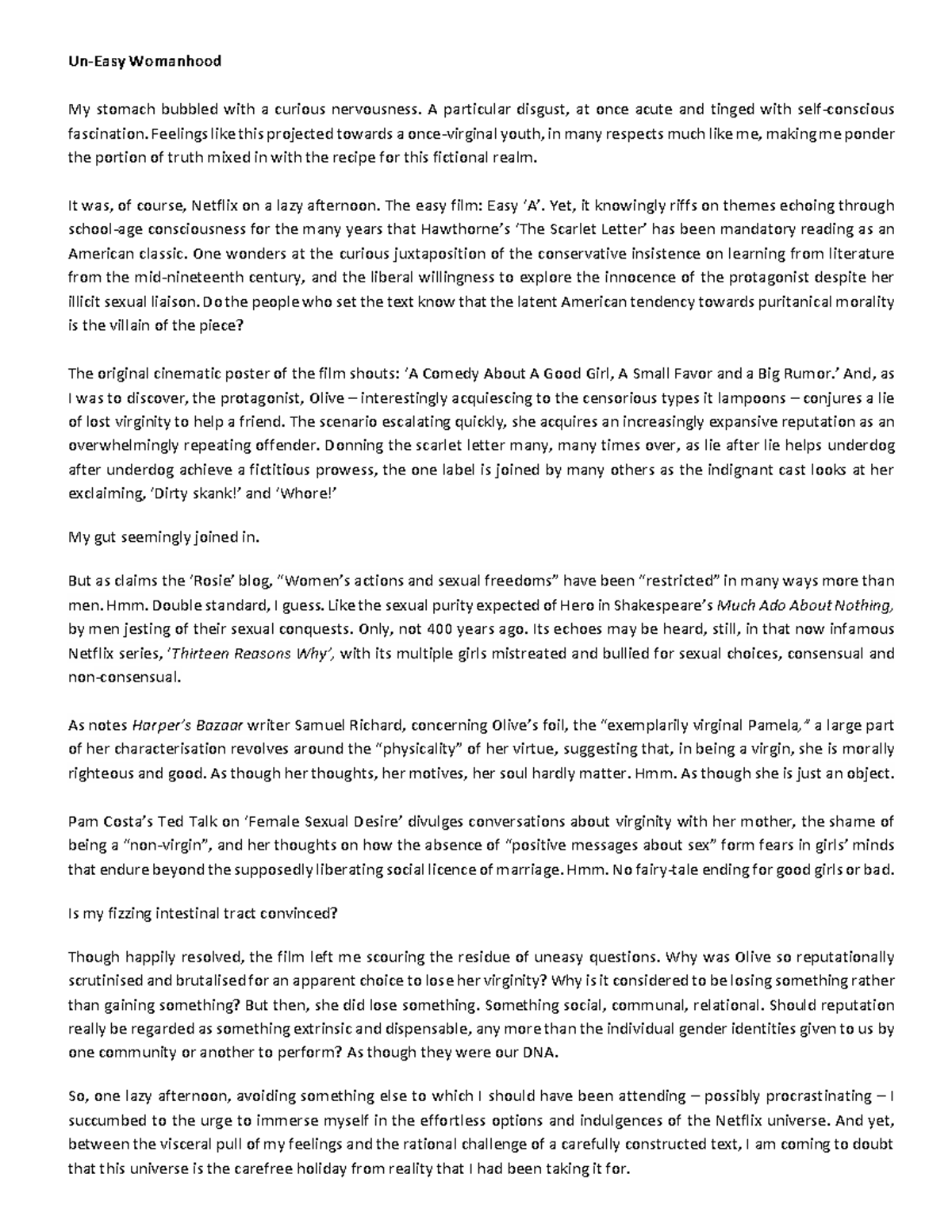 2019 HSC Discursive Writing Samples - Un-Easy Womanhood My stomach ...