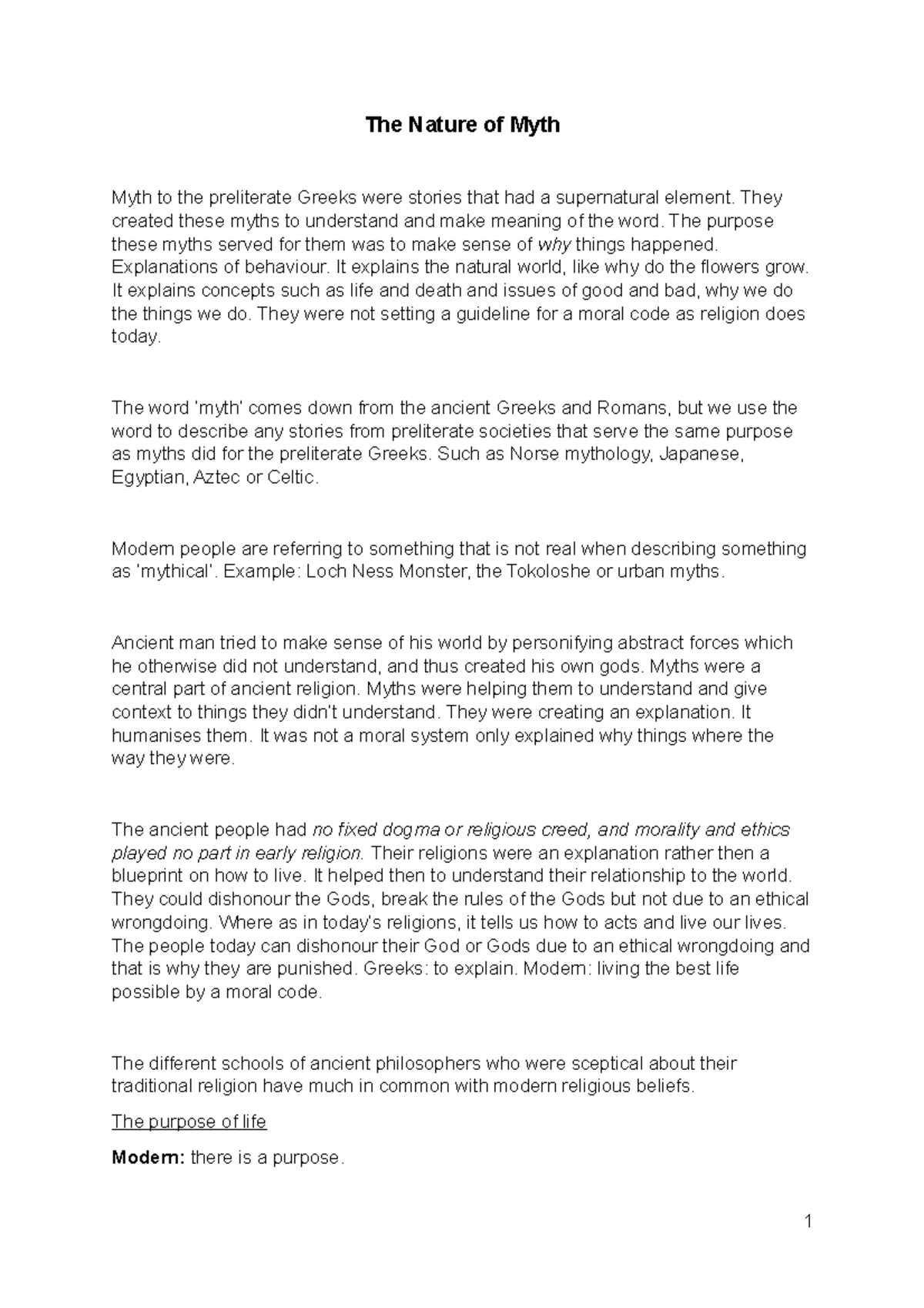 AKG 120 Reader and Class summary - The Nature of Myth Myth to the ...