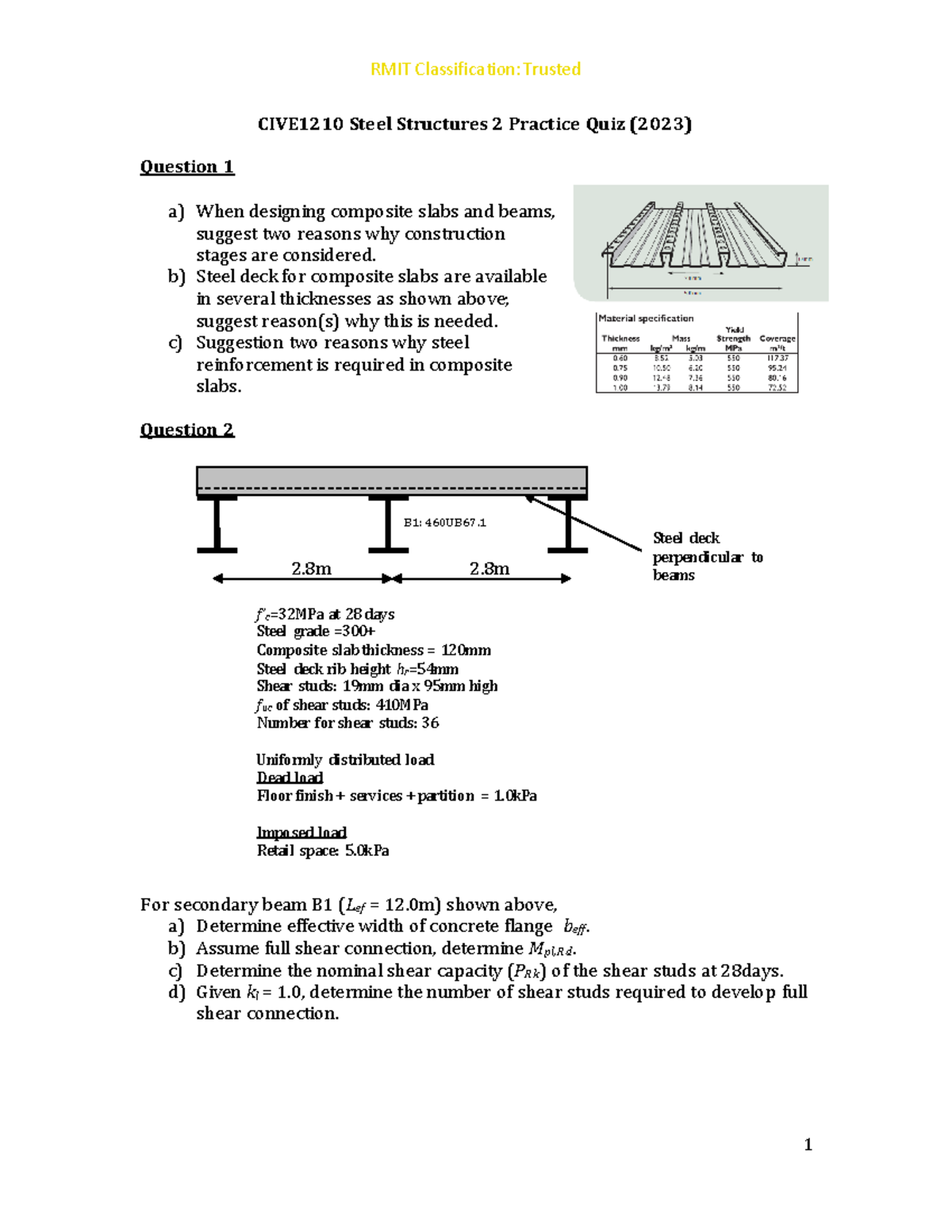CIVE1210 practice quiz 2023 - CIVE1210 Steel Structures 2 Practice Quiz (2023) Question 1 a ...