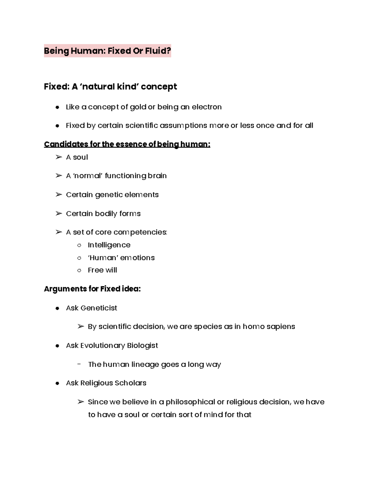 COGS 100 Notes - Being Human: Fixed Or Fluid? Fixed: A 8natural kind9 ...