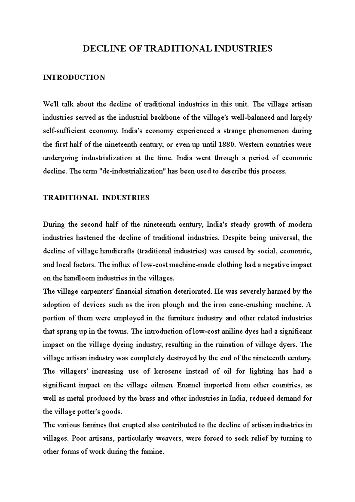 Decline OF Traditional Industries - DECLINE OF TRADITIONAL INDUSTRIES ...