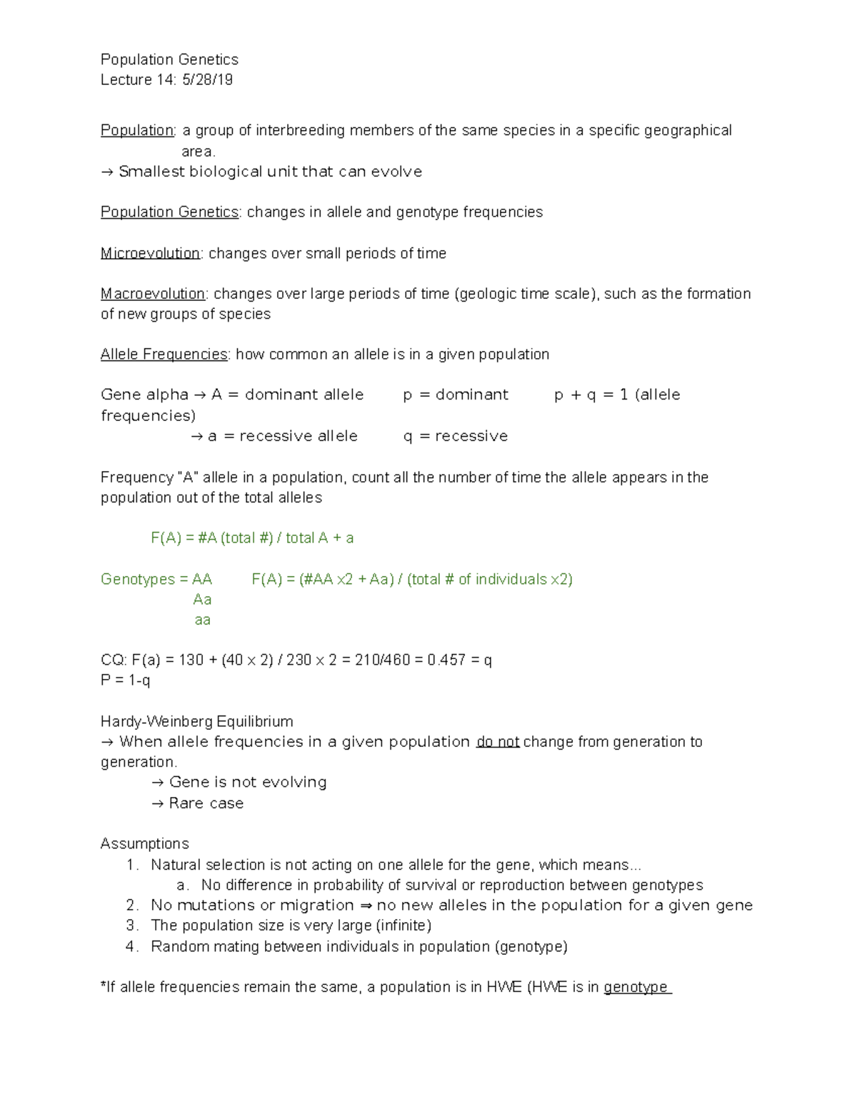 L14 • Population Genetics - Population Genetics Lecture 14: 5/28 ...