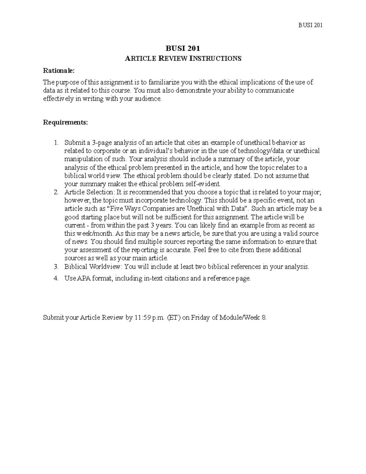 Article Review Instructions - BUSI 201 BUSI 201 ARTICLE REVIEW ...