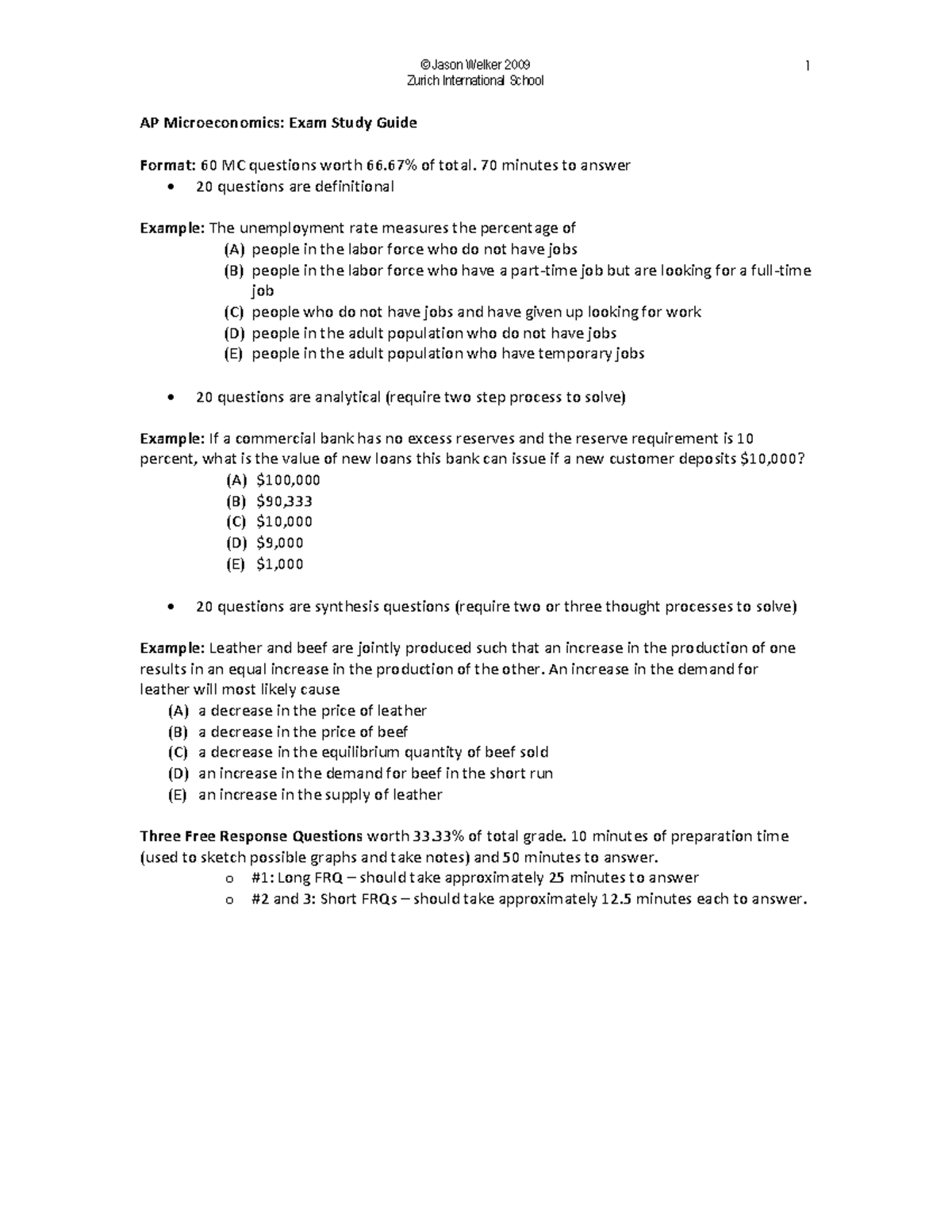 AP Micro Exam study guide - Zurich International School 1 AP ...