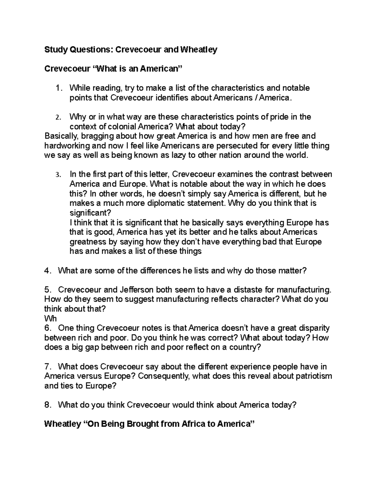 Creveveur and Wheatly - study questions - Study Questions: Crevecoeur ...