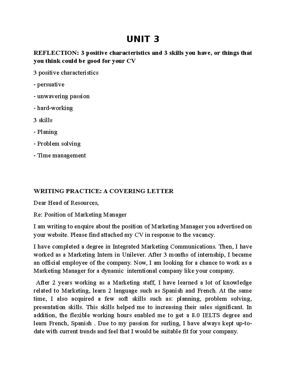 UNIT 3 - Writing - practice - UNIT 3 REFLECTION: 3 positive ...