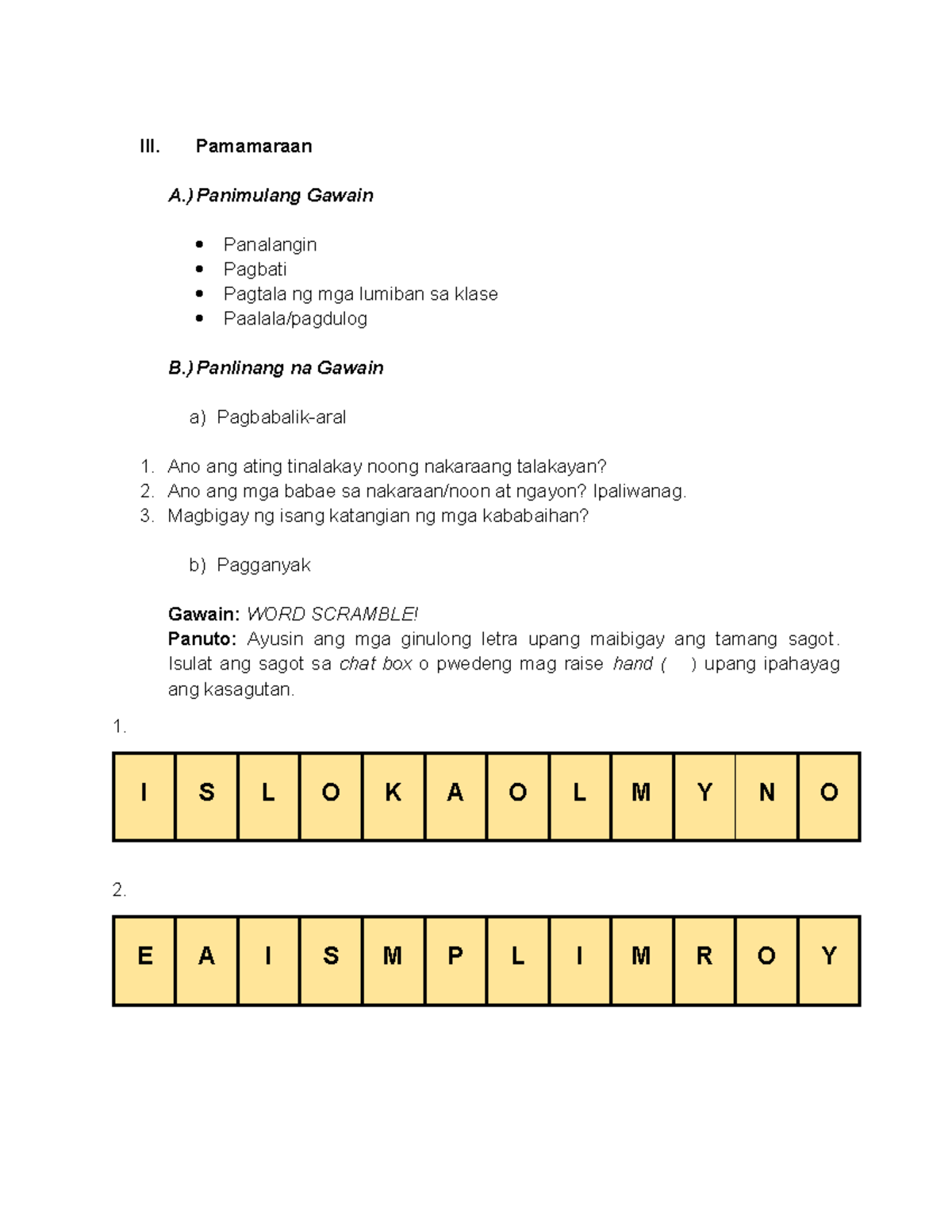 Q4 Modyul 1 - Araling Panlipunan 7 Lesson Plan - III. Pamamaraan A ...
