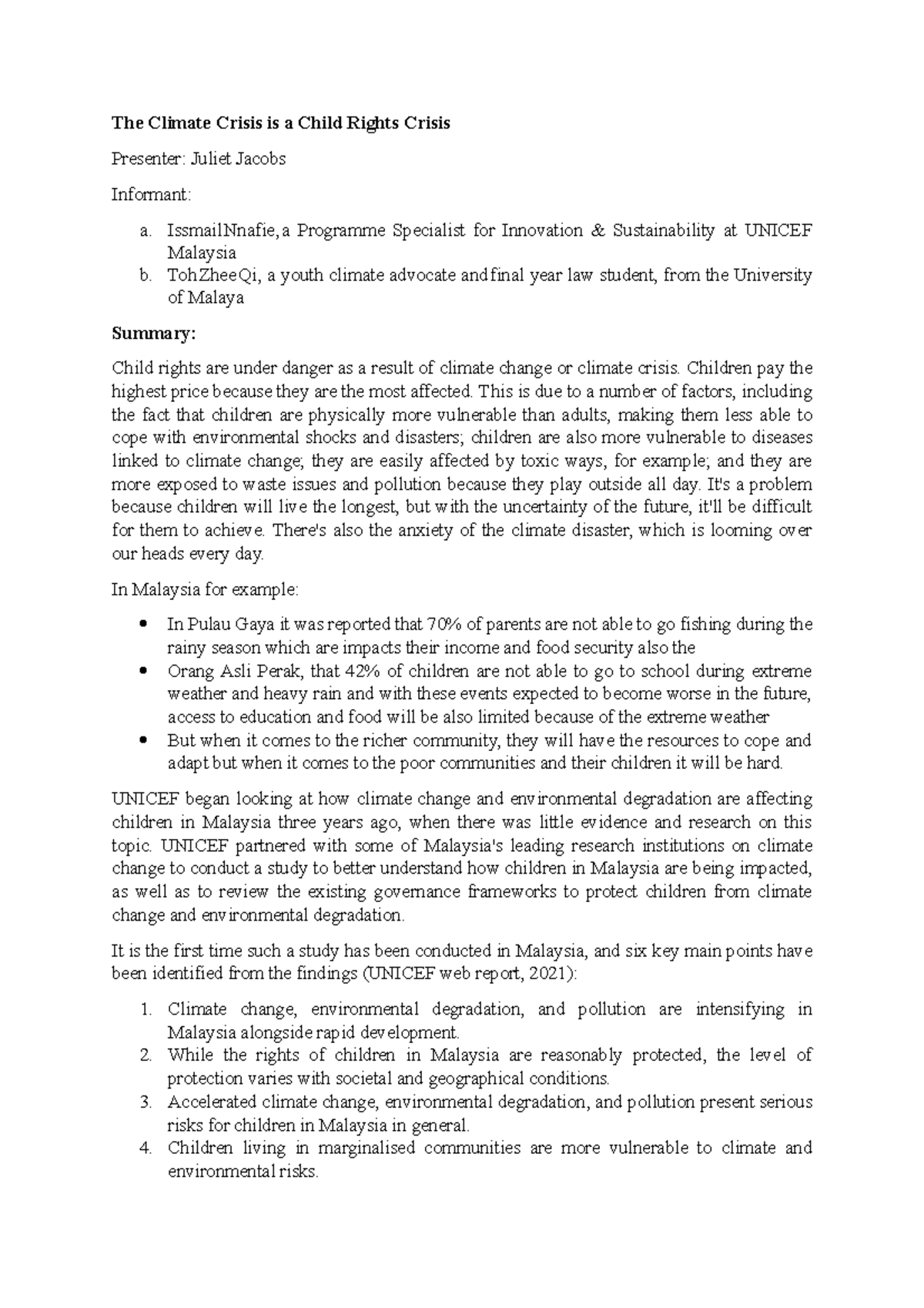 Climate Change - Task from Podcast - The Climate Crisis is a Child ...