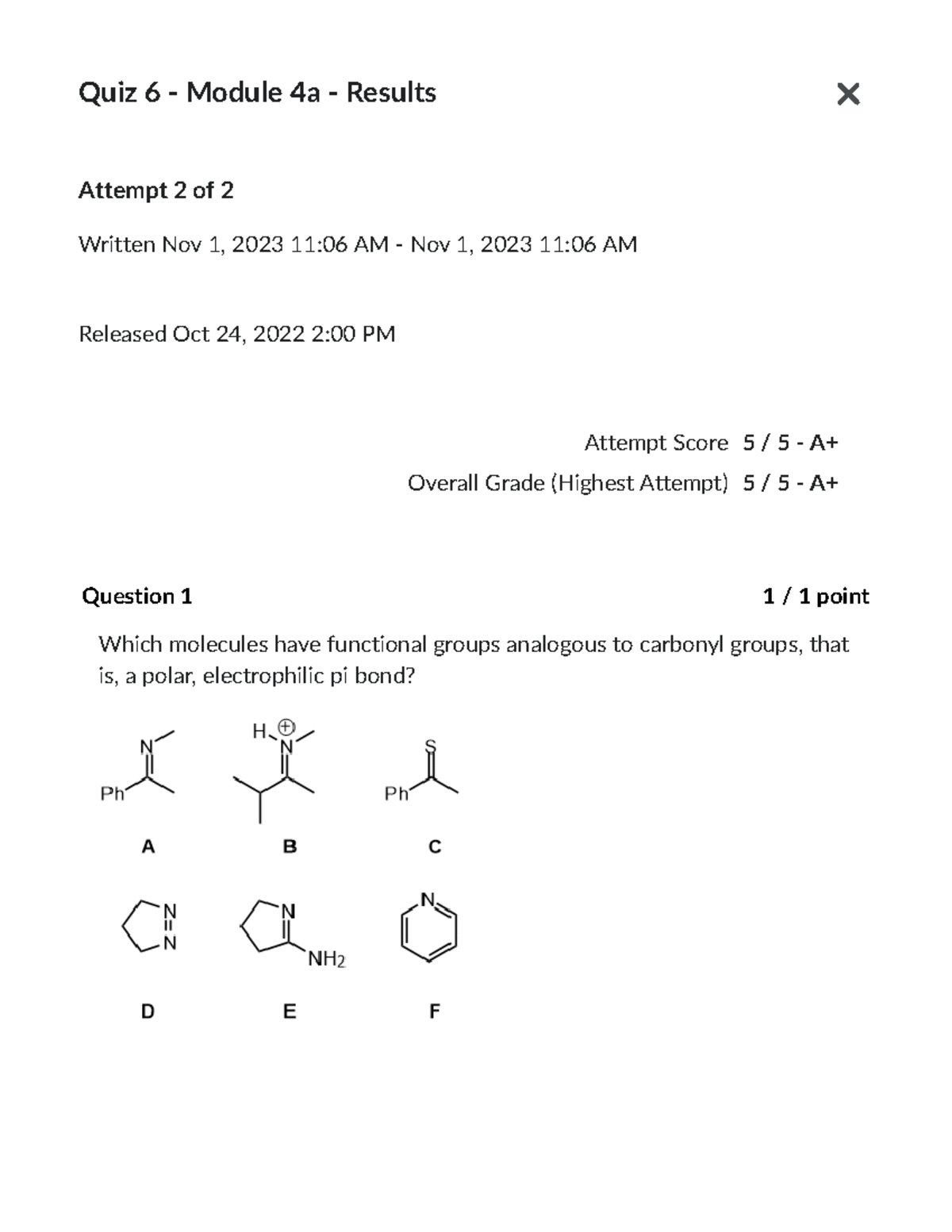 FALL 2023 FLYNN Quiz 6 Answers - Quiz 6 - Module 4a - Results Attempt 2 of 2 Written Nov 1, 2023 ...