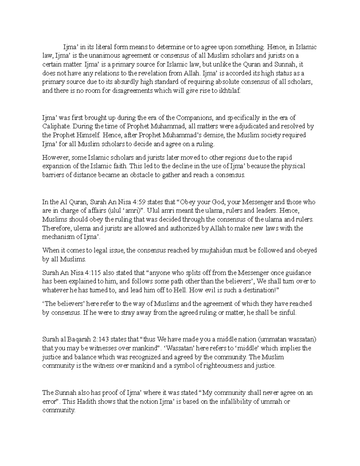 Note 3 - Ijma - Islamic law - Ijma - Ijma’ in its literal form means to ...