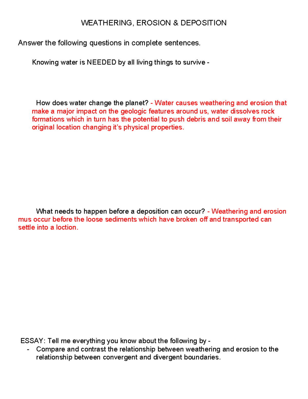 Weathering, Erosion, & Depostion Questions+Essay - WEATHERING, EROSION ...