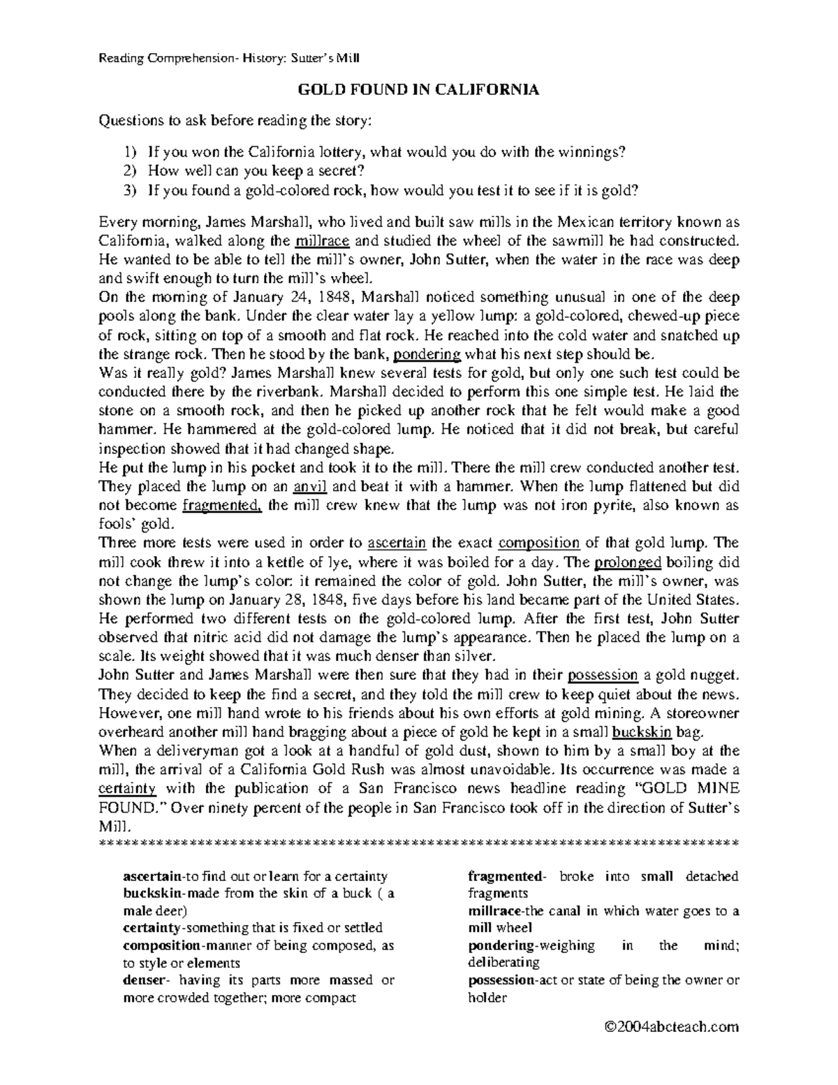 Reading Comprehension - History Sutter’s Mill - Reading Comprehension ...