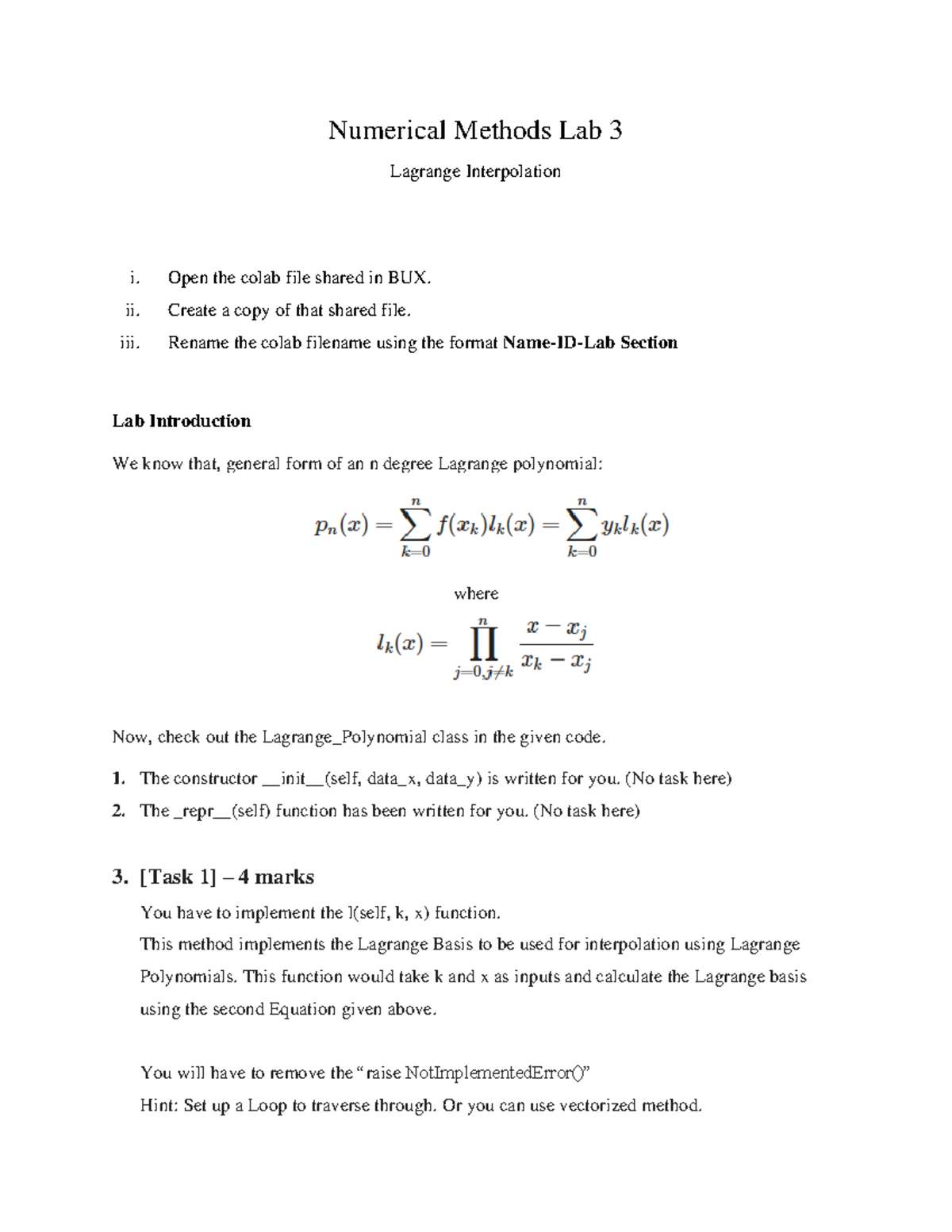 Lab 3sgfhfhhrlthylsmlmklsmgmsdmfgsmgms - Numerical Methods Lab 3 Lagrange Interpolation i. Open ...