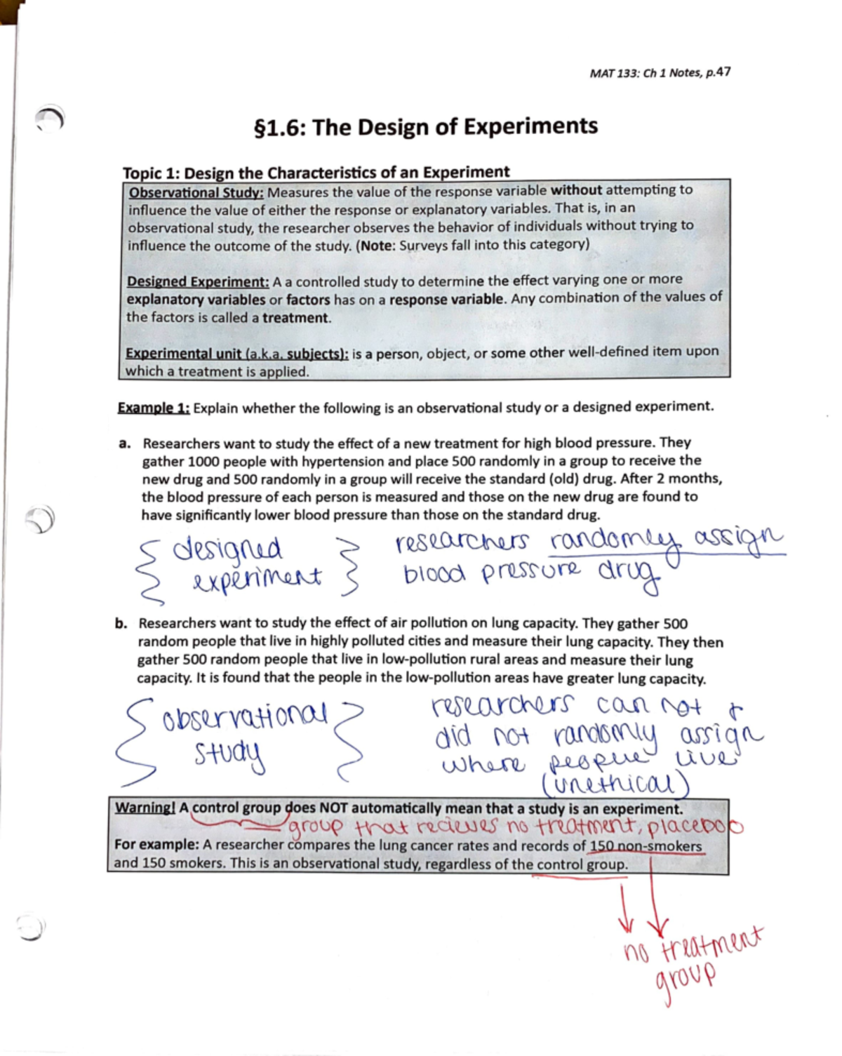 1.6 notes - §1: The Design of Experiments Topic 1: Design the ...