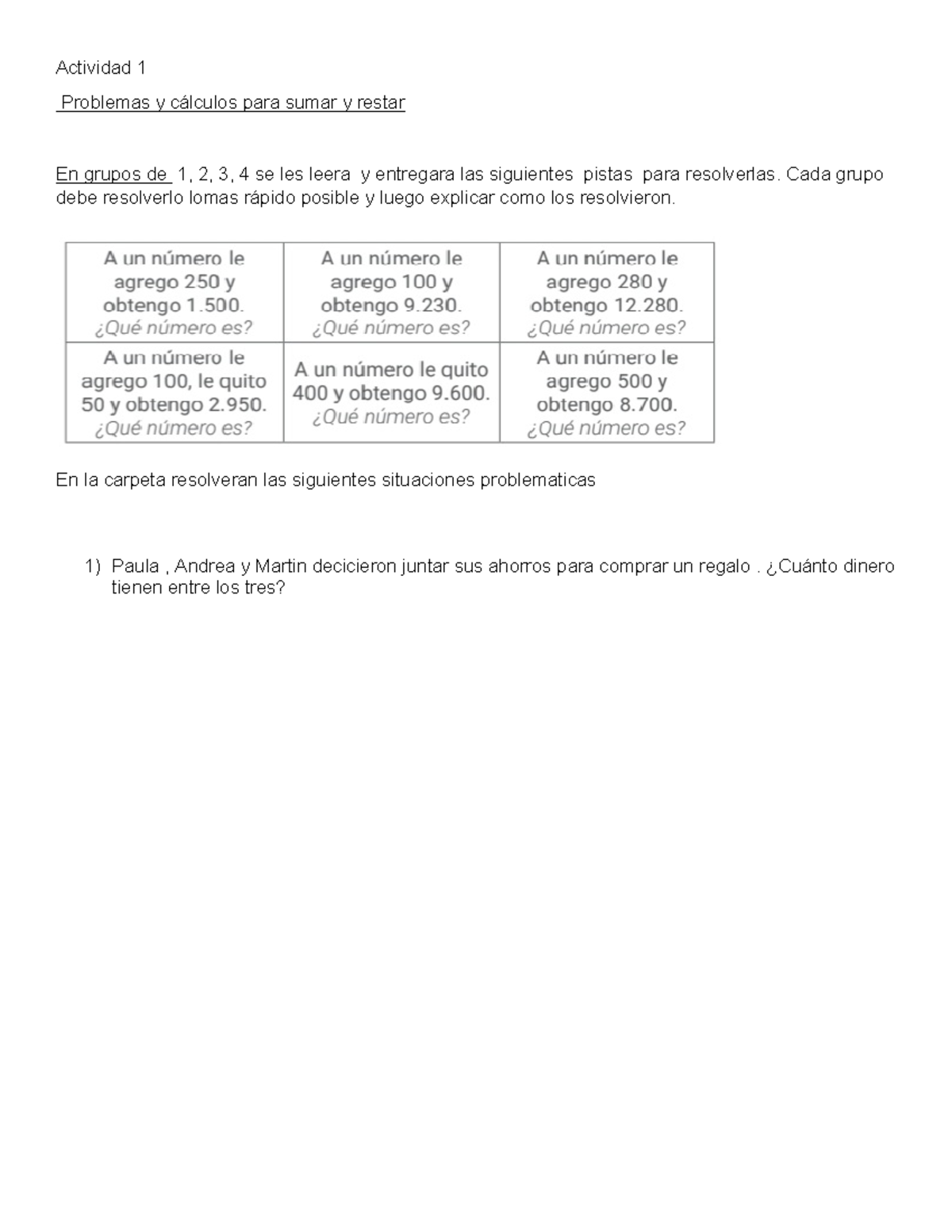 Secuencia 5to - profesorado de EGB 1 y2 ciclo - Actividad 1 Problemas y cálculos para sumar y ...