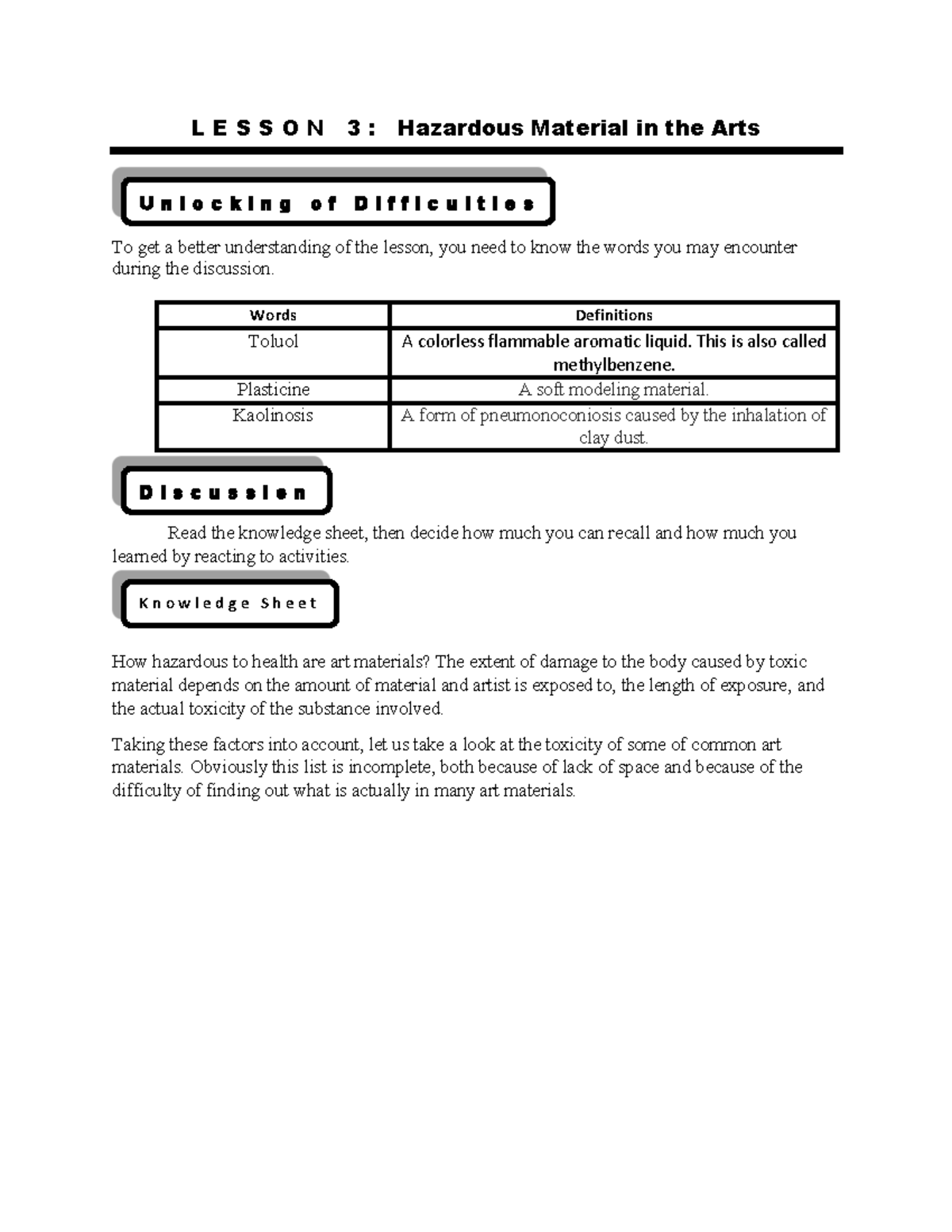 Lesson 3 - Hazardous Material in the Arts - L E S S O N 3 : Hazardous ...