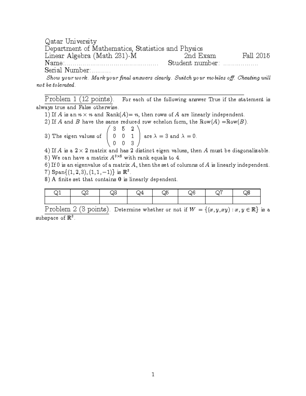 2nd Exam(Fall 2015 )-M - linear algebra math [2321] revision , lecture ...
