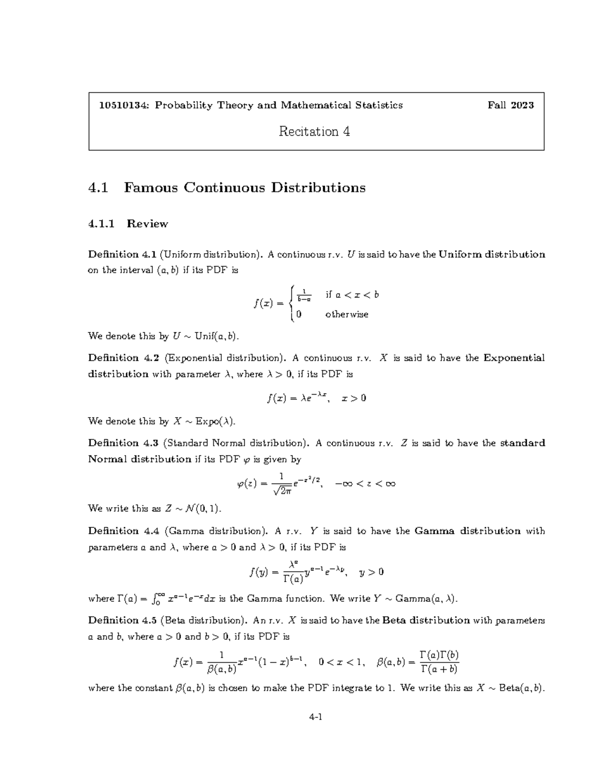 Recitation 4Solution - 10510134: Probability Theory and Mathematical Statistics Fall 2023 ...