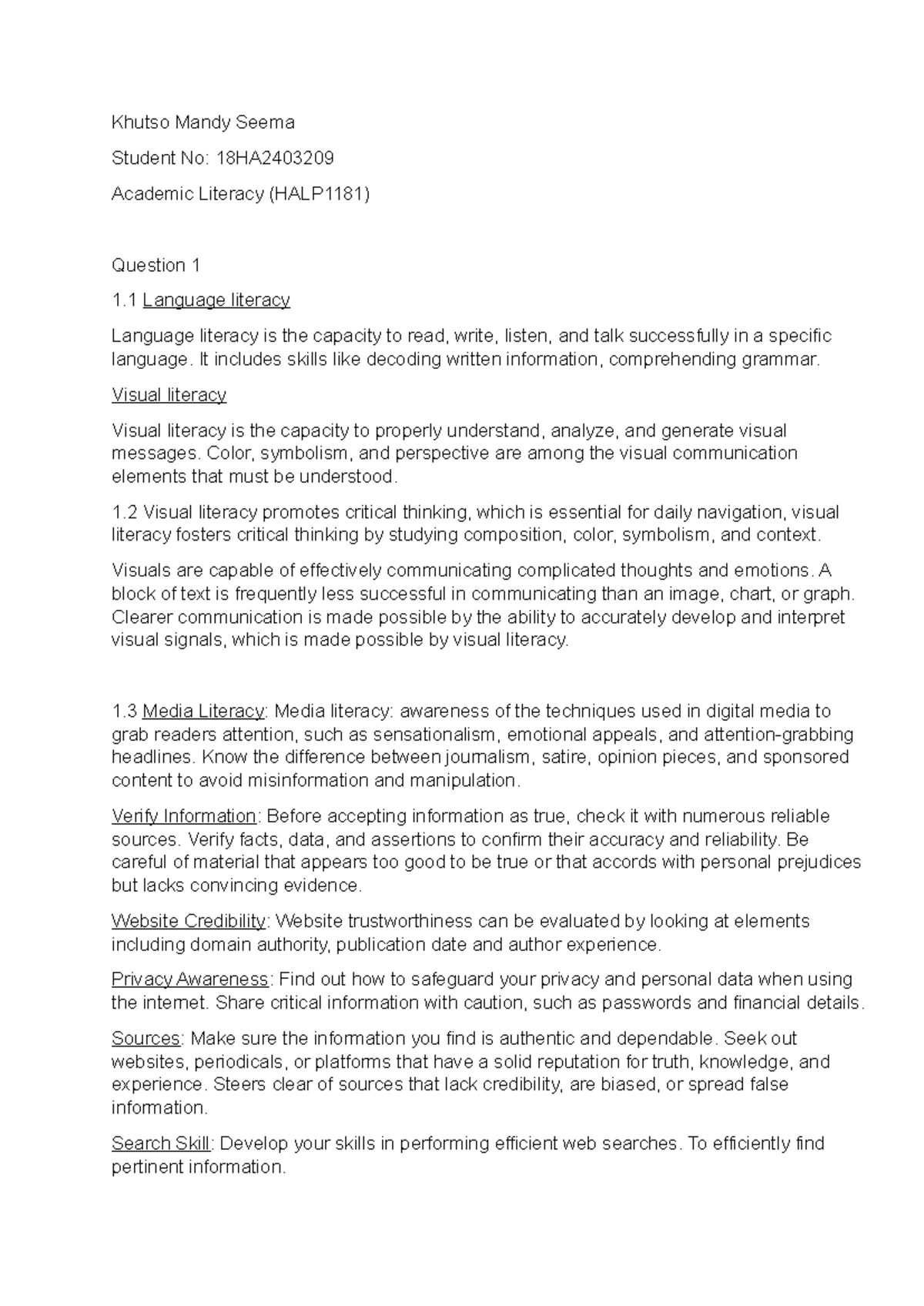 Academic Literacy - ESSAY - Khutso Mandy Seema Student No: 18HA ...