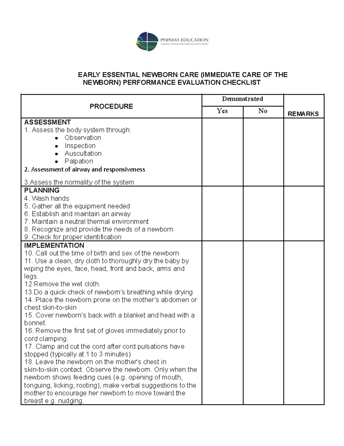 Early Essential Newborn CARE (EINC) Checklist - EARLY ESSENTIAL NEWBORN ...