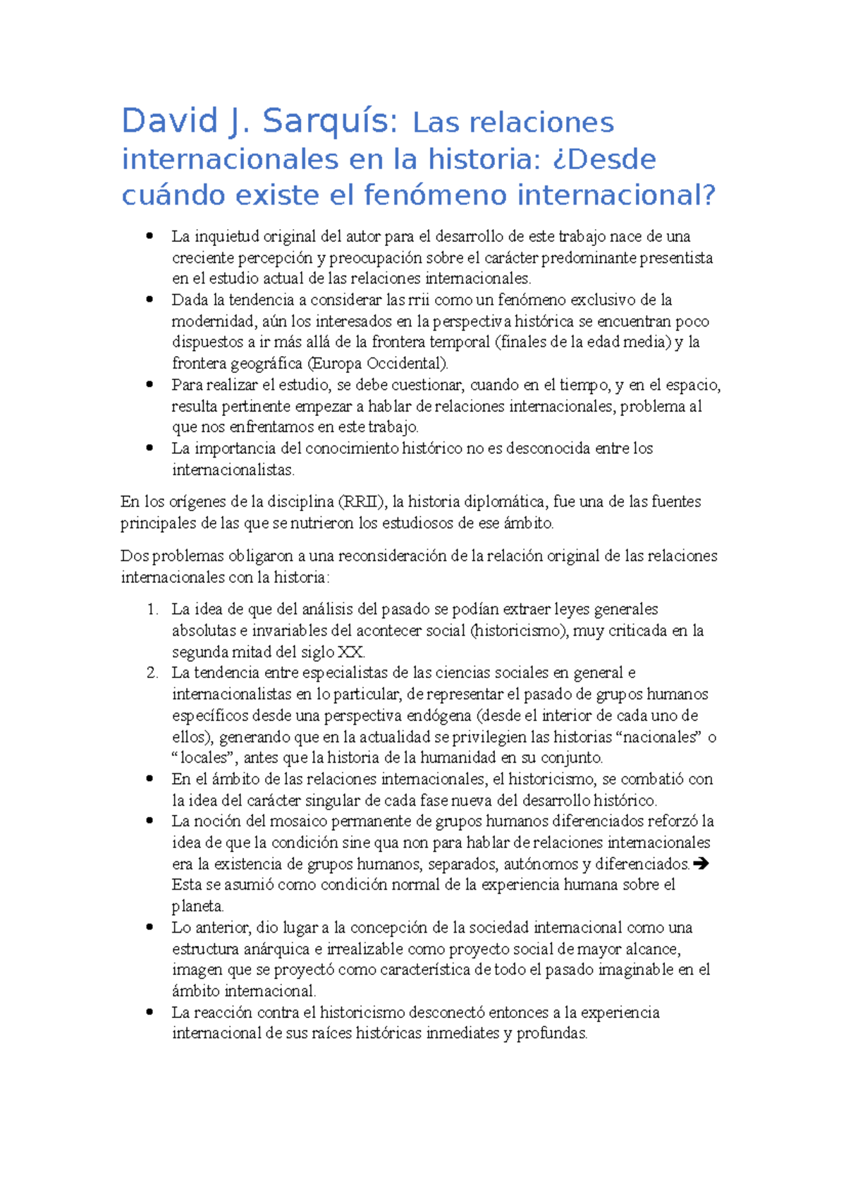 David J Sarquis - Resumen, historia de las relaciones internacionales ...