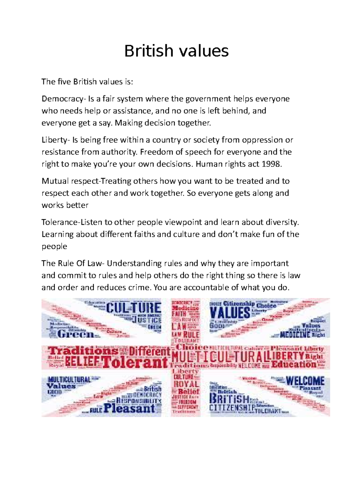 British values - work - British values The five British values is ...