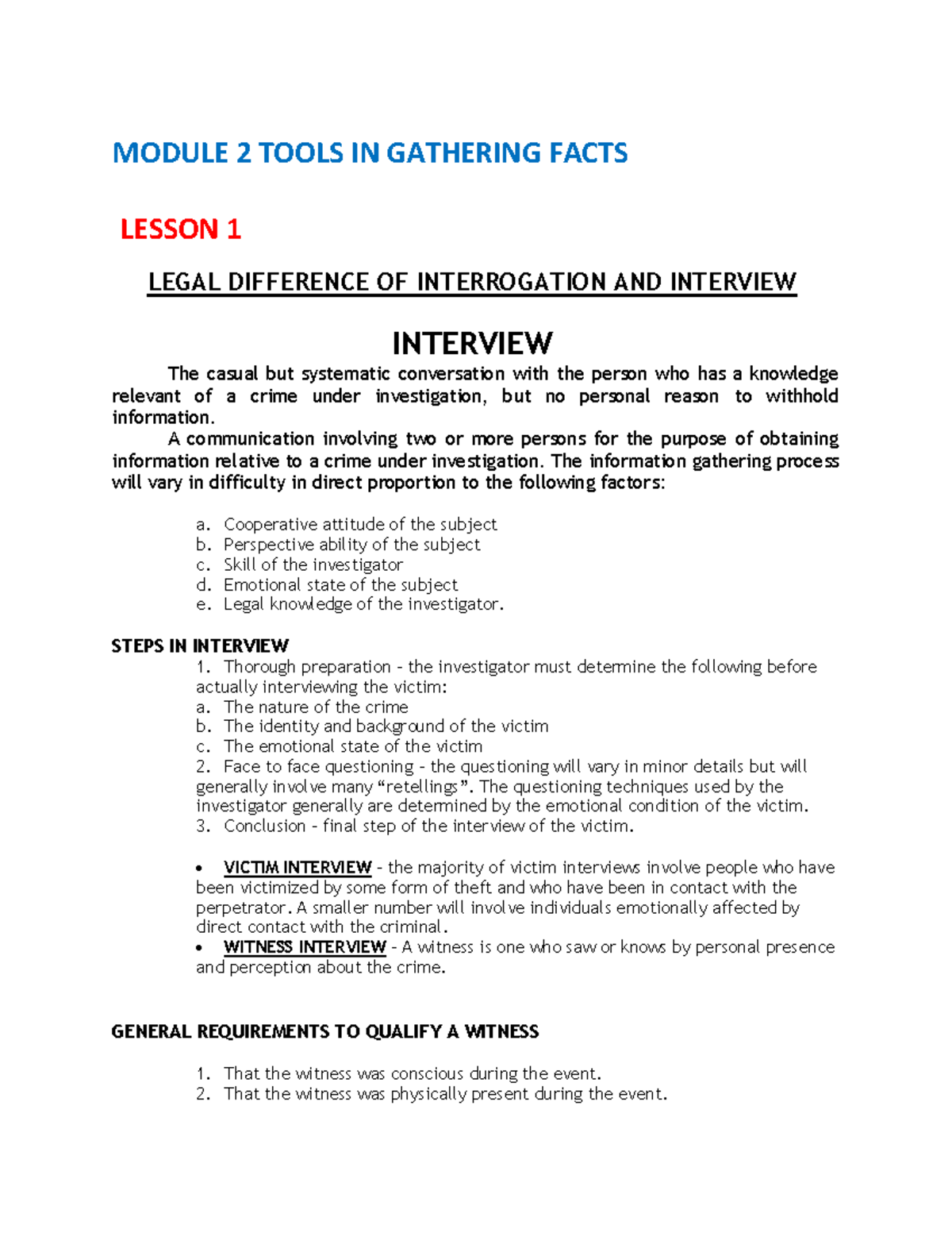 Interview - MODULE 2 TOOLS IN GATHERING FACTS LESSON 1 LEGAL DIFFERENCE ...