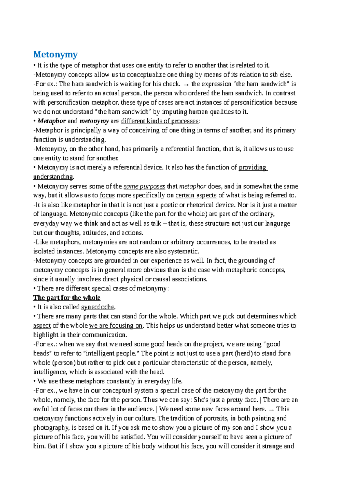 Metonymy - Resumen Metaphors We Live By - Metonymy It is the type of ...