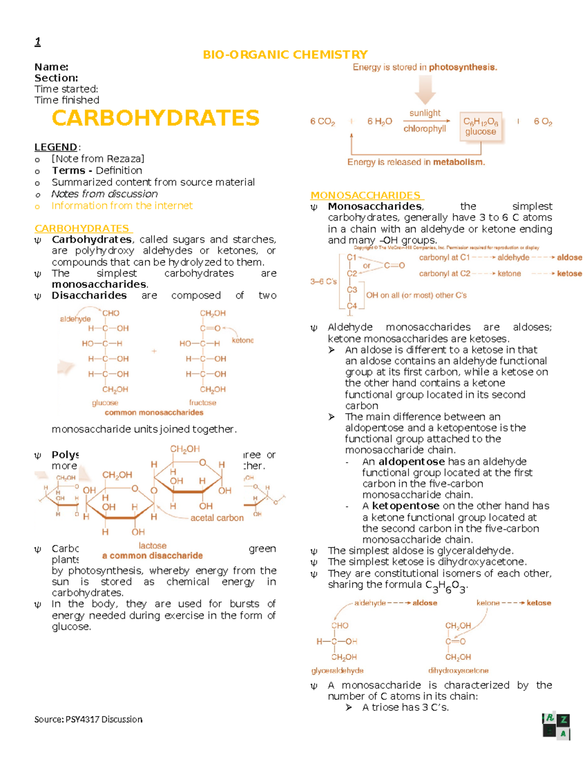 Bio-Organic Chemistry Carbohydrates - BIO-ORGANIC CHEMISTRY Name ...