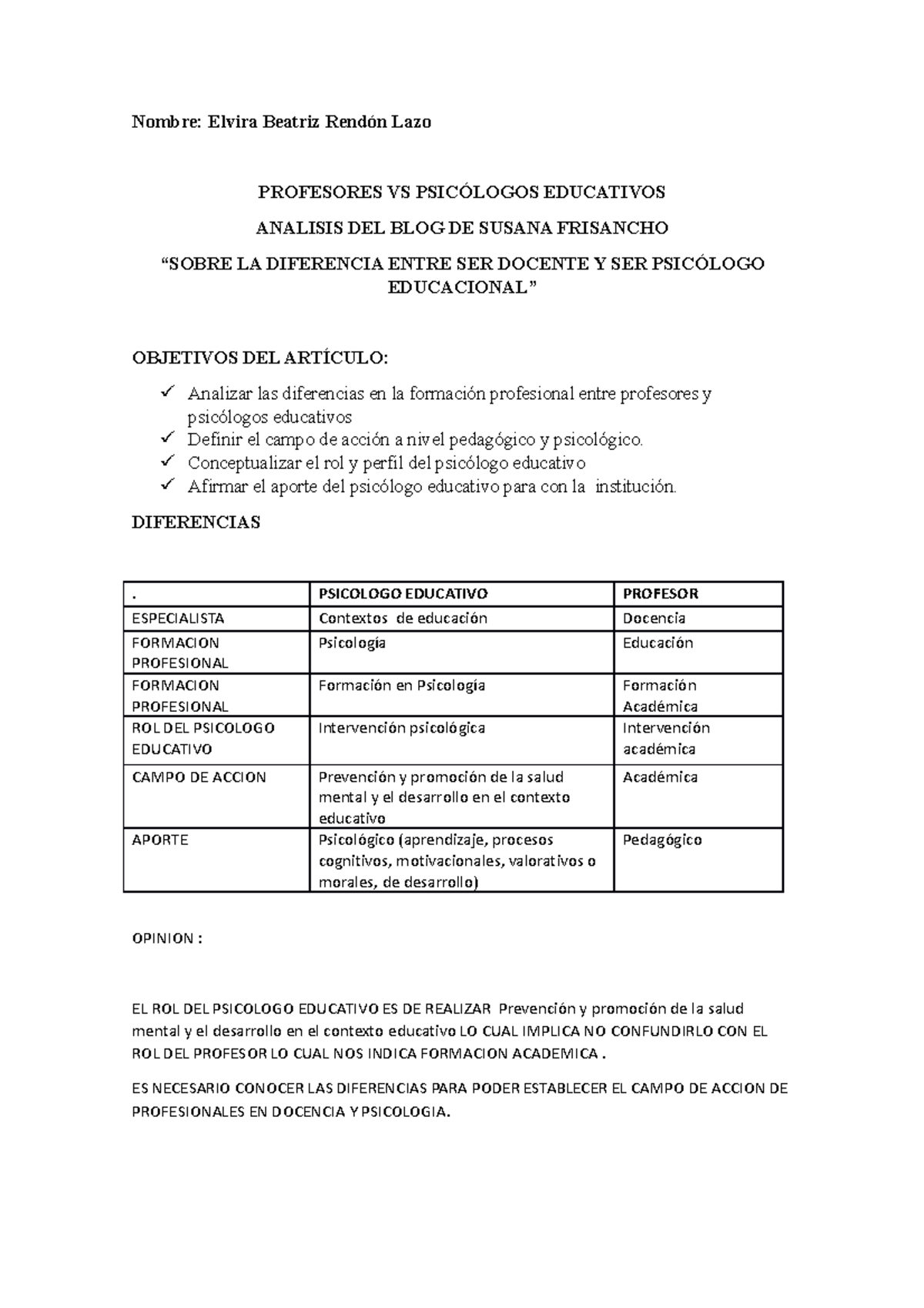 Diferencias - Nombre: Elvira Beatriz Rendón Lazo PROFESORES VS ...