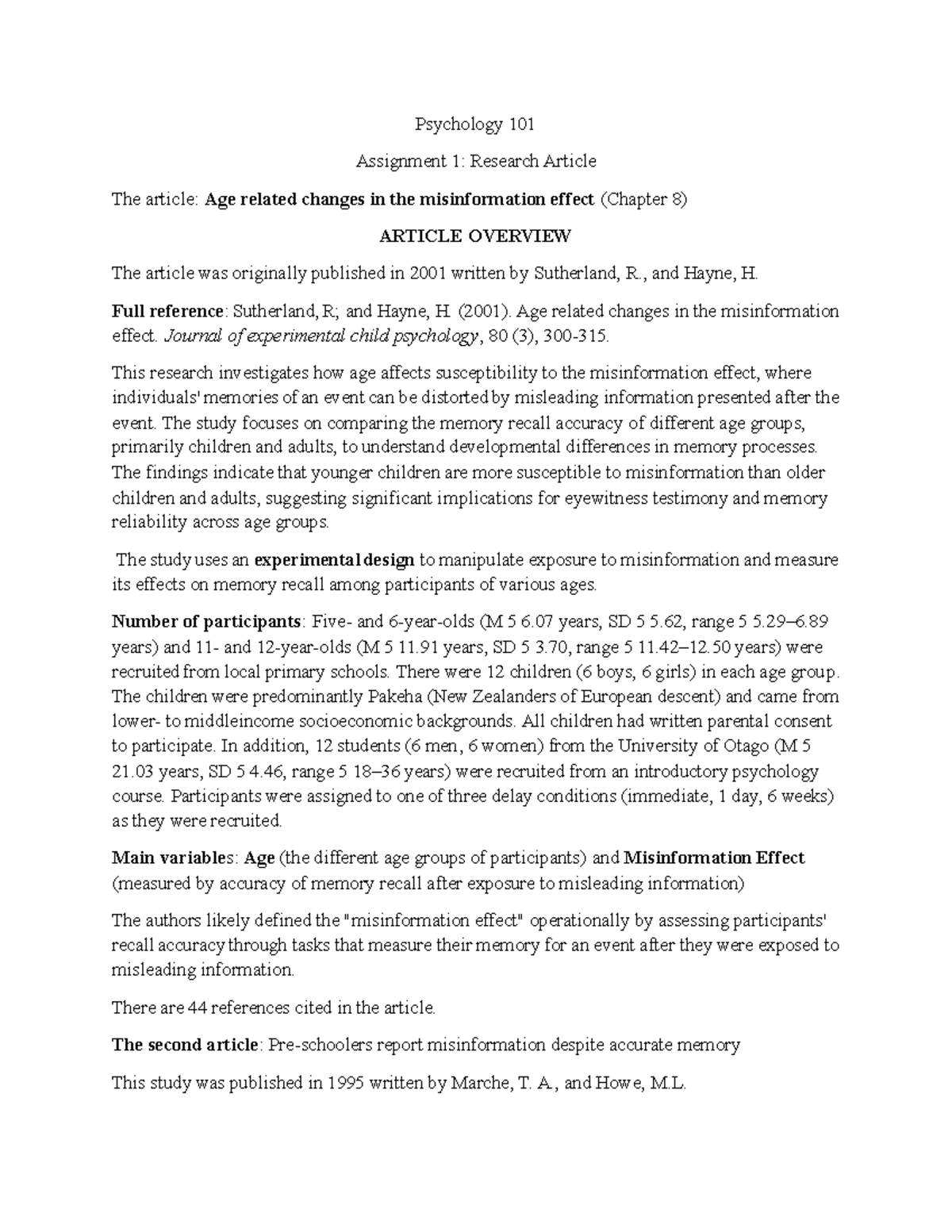 Psych 101 - Psychology 101 Assignment 1: Research Article The article ...