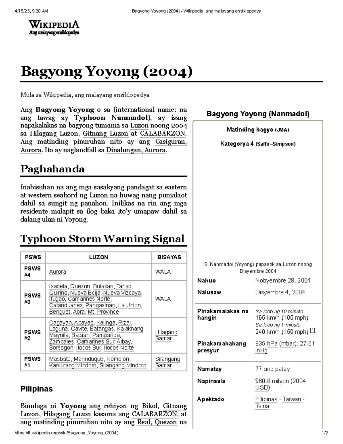 Bagyong Yoyong (2004 ) - Wikipedia, ang malayang ensiklopedya - 4/15/23 ...