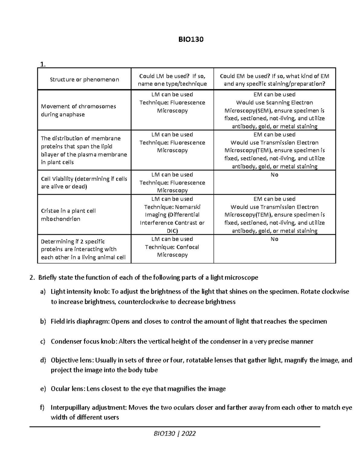 Lab 5 - bio130 lab 5 - BIO130 | 2022 BIO 1. Structure or phenomenon Could LM be used? If so ...