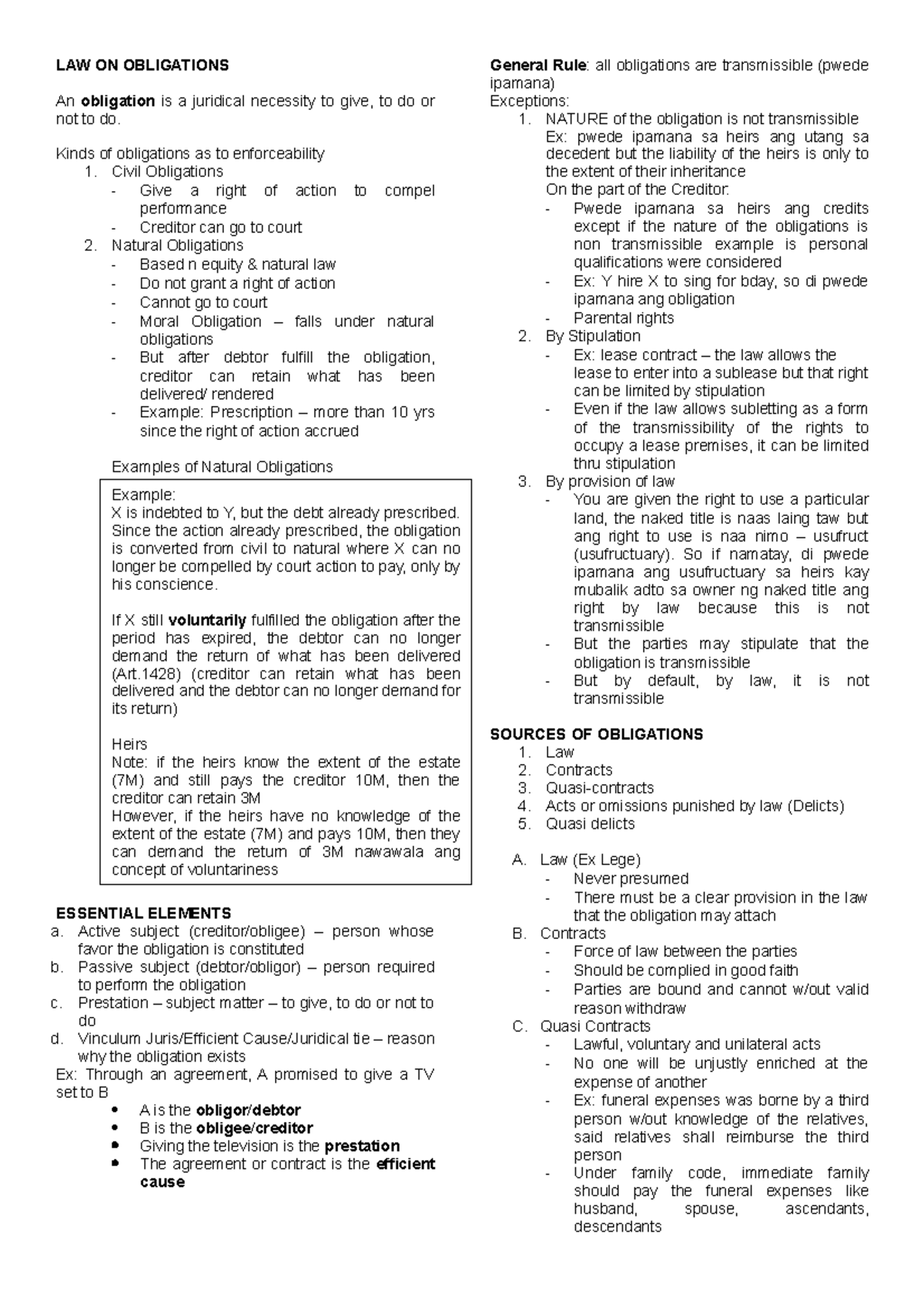 1.0 LAW ON Obligations - LAW ON OBLIGATIONS An obligation is a ...