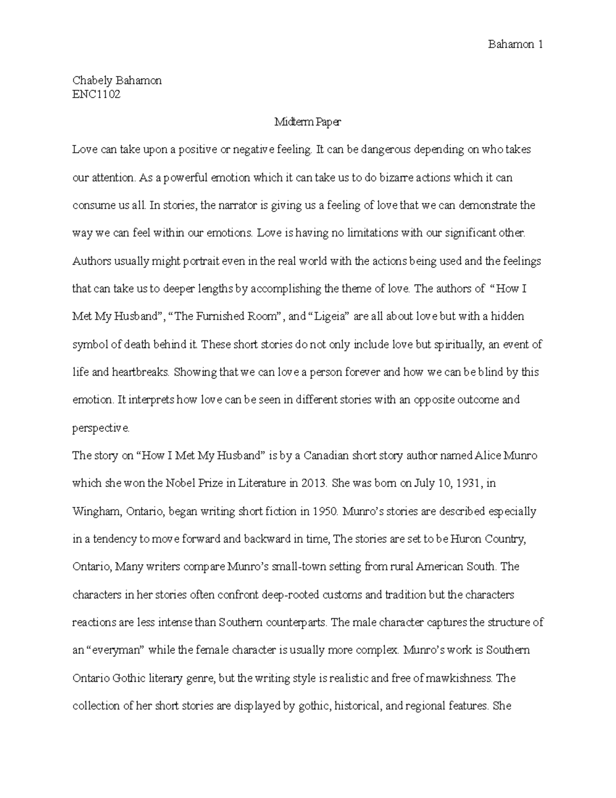 Short Story Paper ENC1102 - Chabely Bahamon ENC Midterm Paper Love can ...