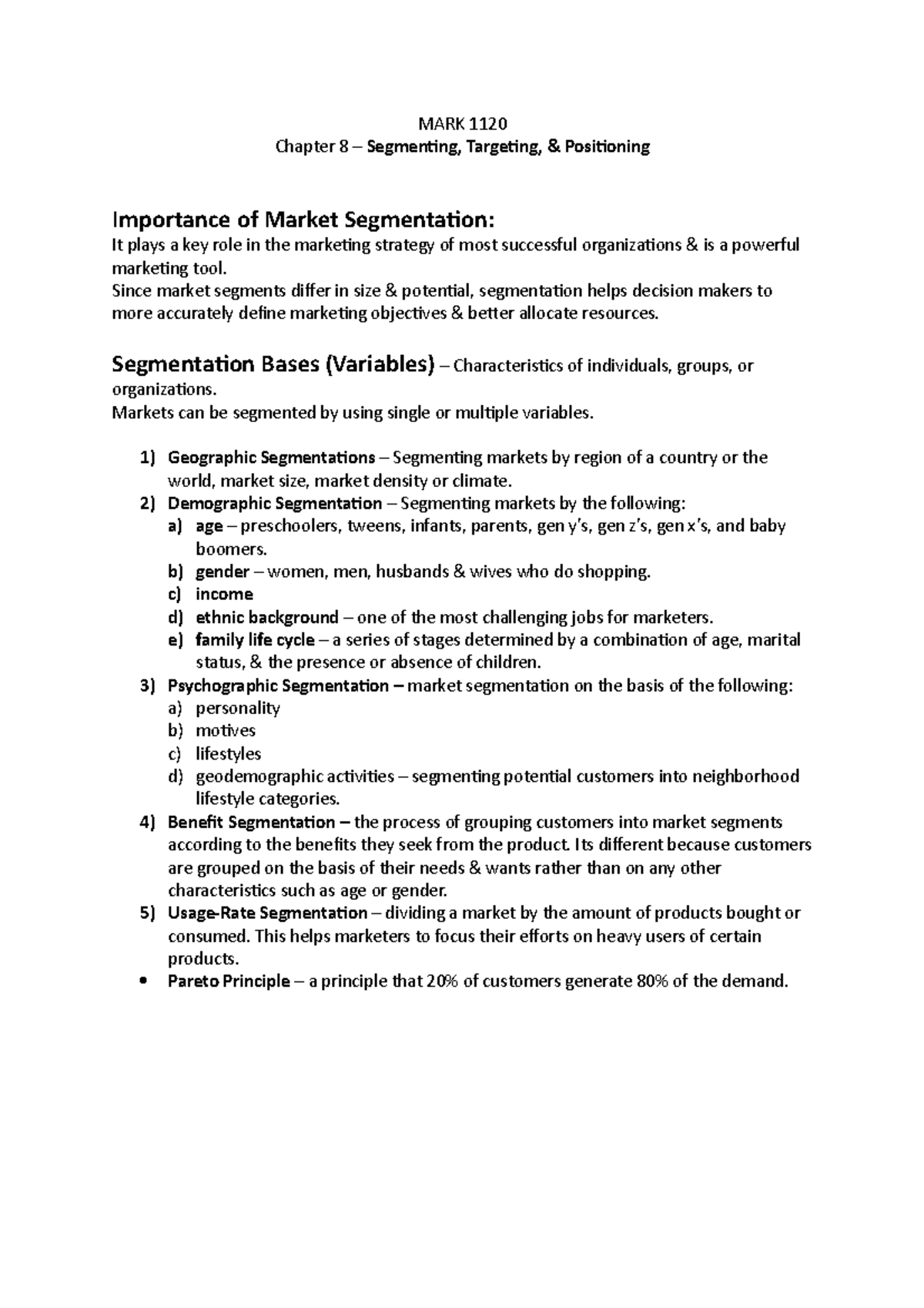 MARK Chapter 8 Notes - MARK 1120 Chapter 8 – Segmenting, Targeting ...