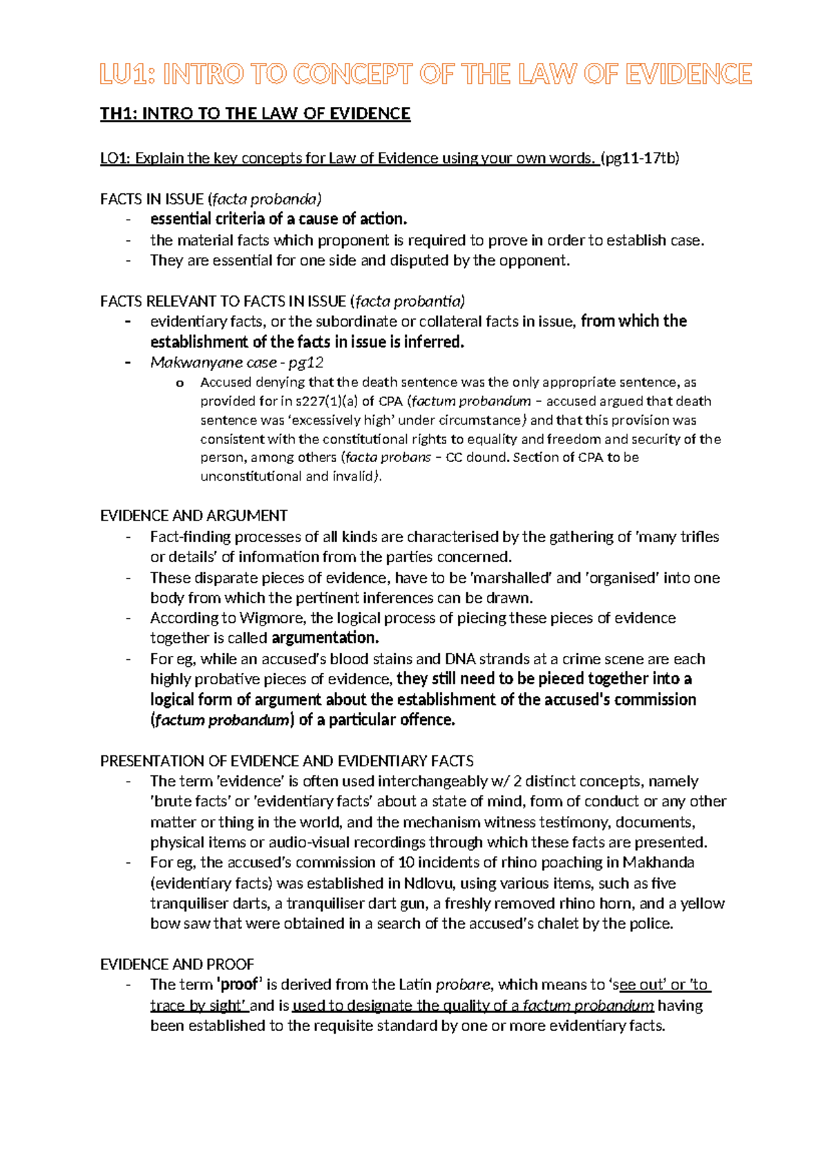 LAEV notes lu1-2 - Summary law of evidence - TH1: INTRO TO THE LAW OF ...